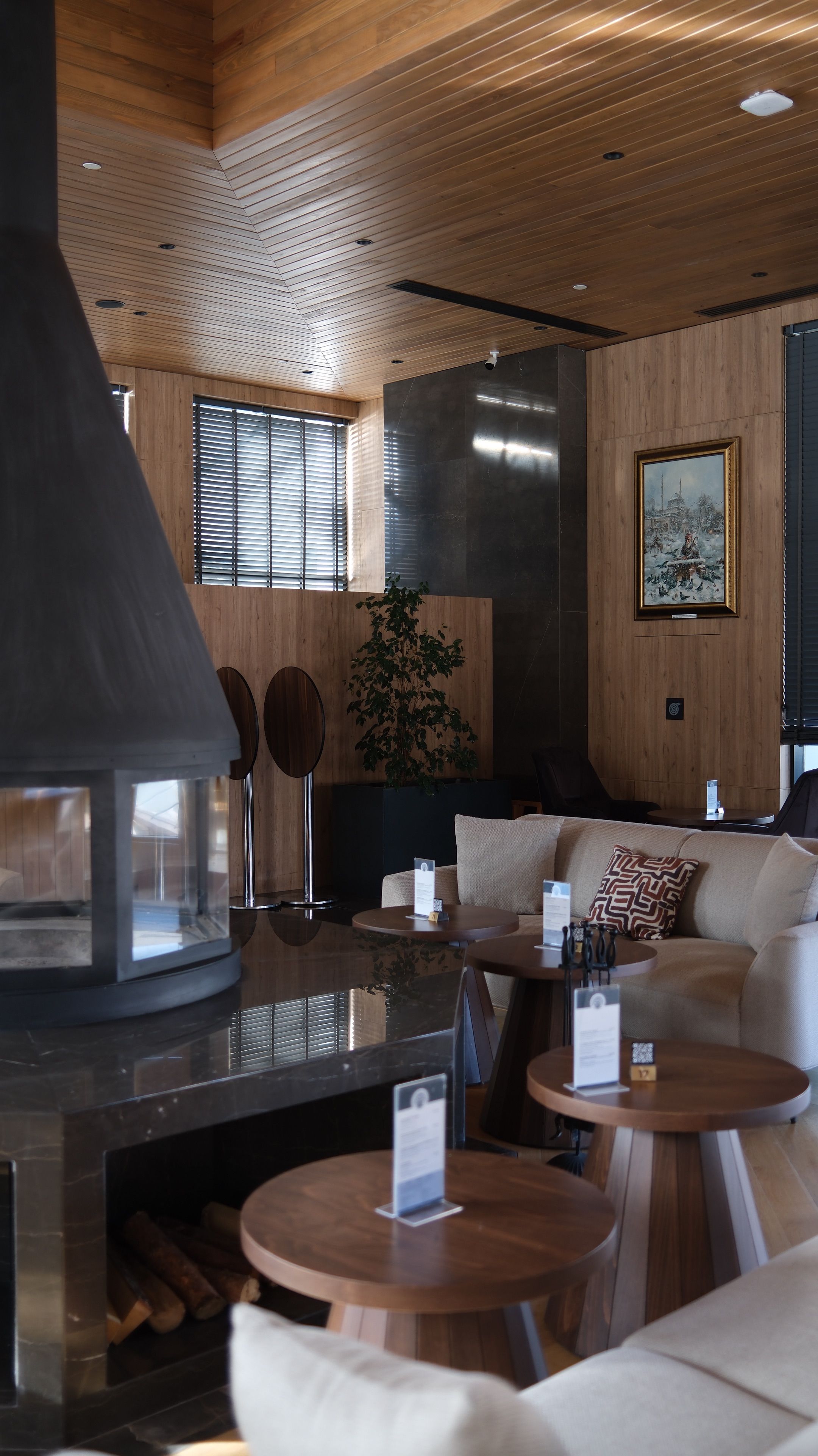 Cozy Modern Lounge with Fireplace and Wooden Decor · Free Stock Photo