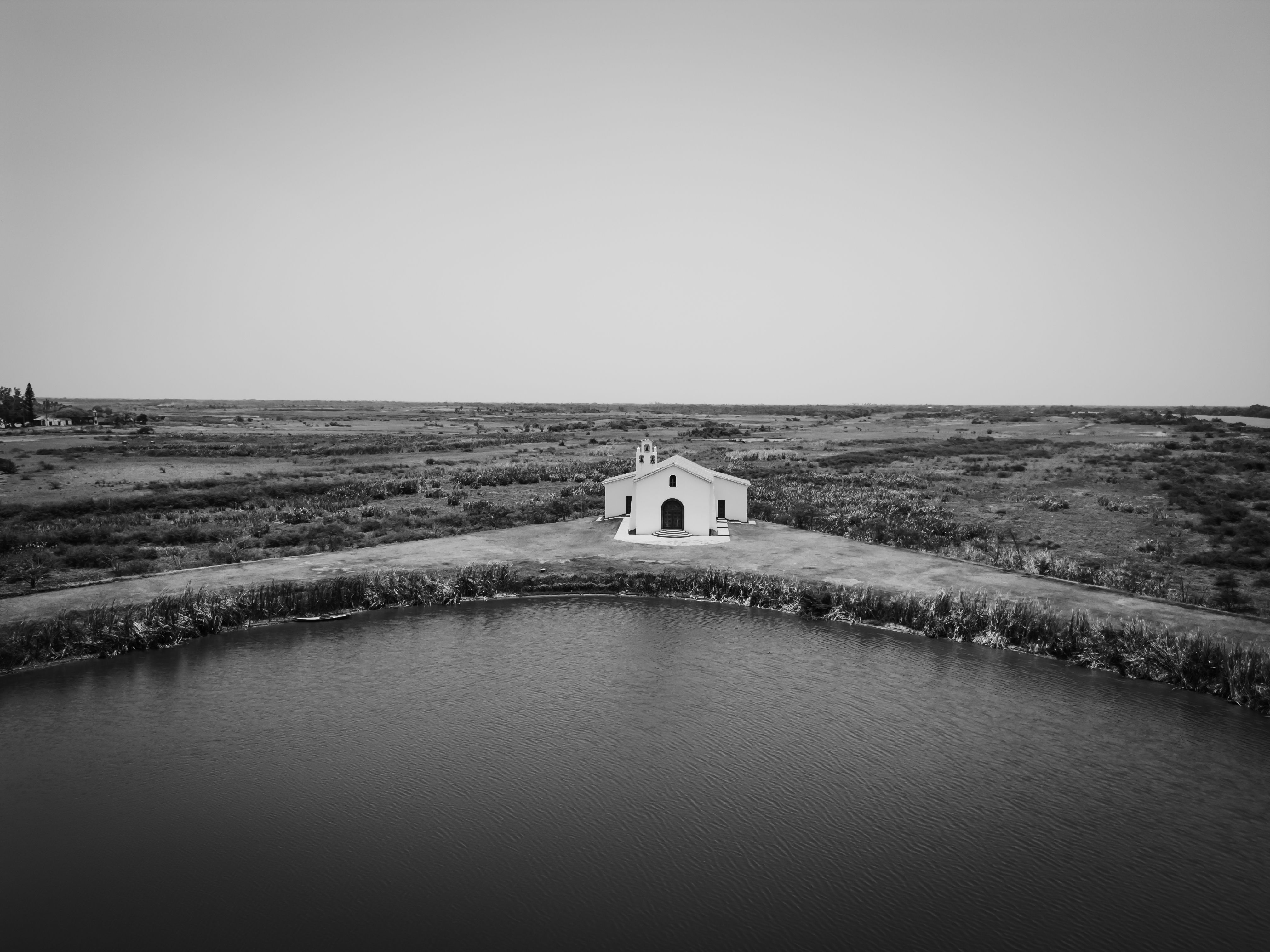 Aerial Black and White View of Isolated Church · Free Stock Photo
