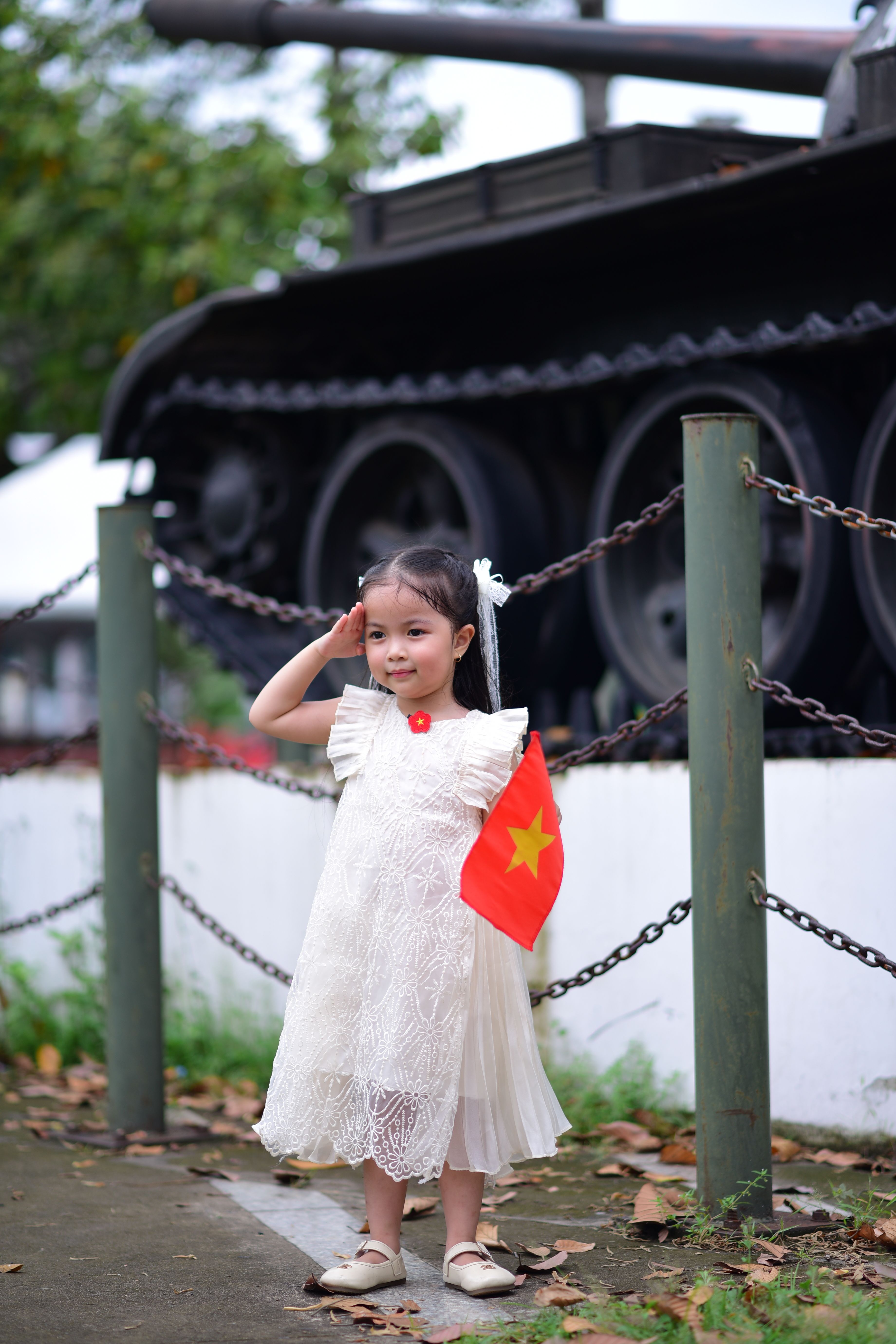 Young Girl Saluting with Vietnamese Flag Outdoors · Free Stock Photo