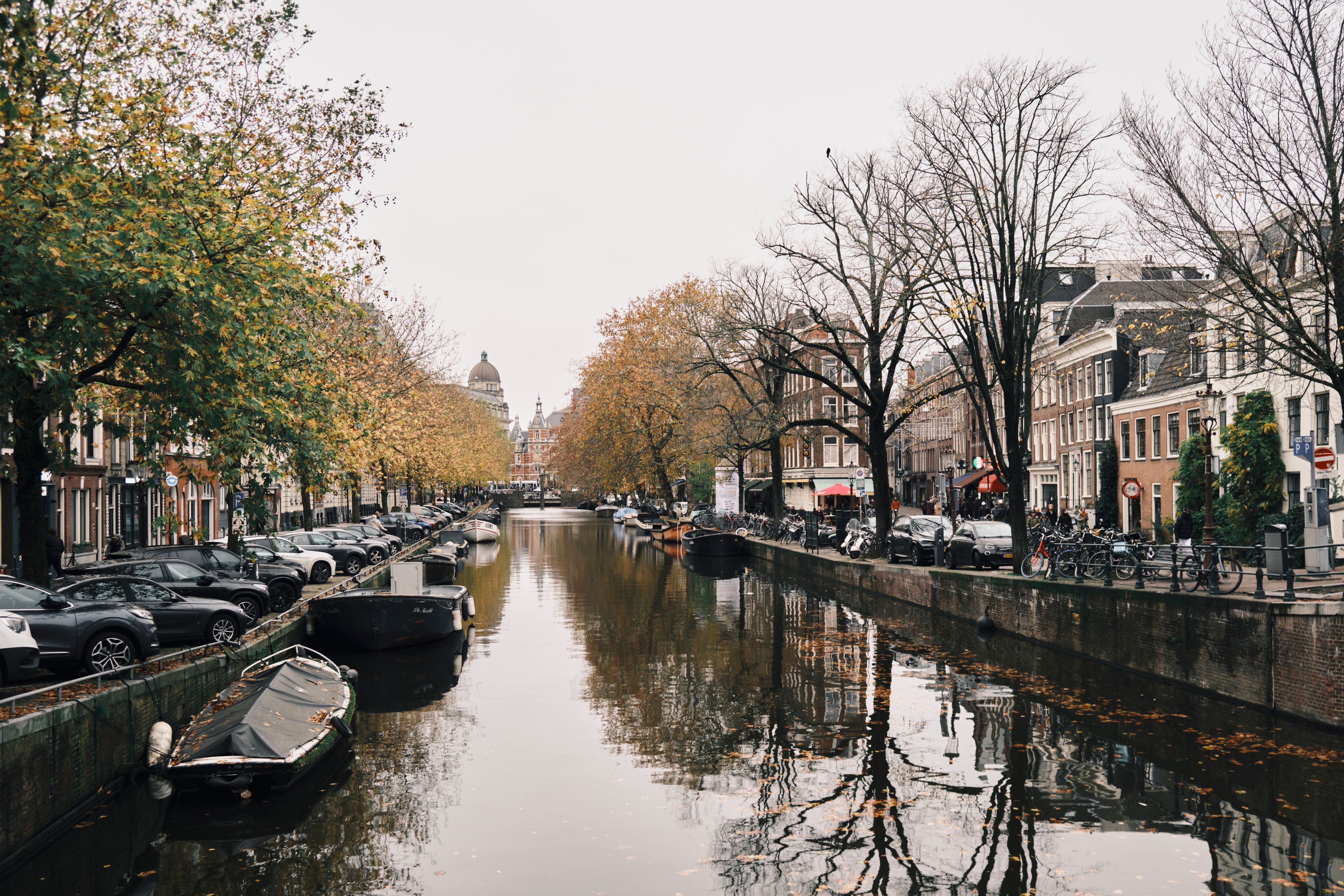 Scenic Amsterdam Canal with Autumn Trees · Free Stock Photo