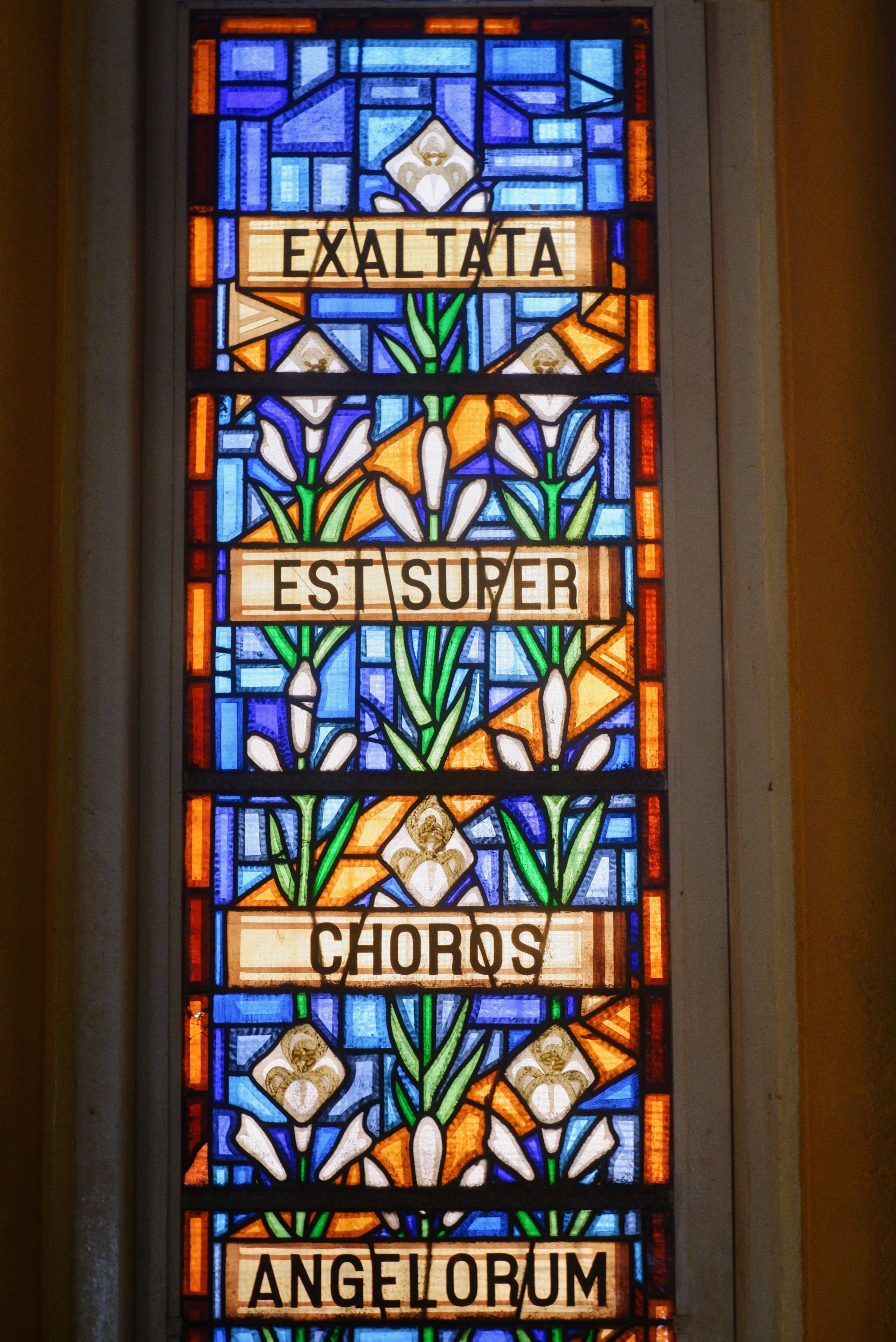 Vibrant Stained Glass Art with Latin Text · Free Stock Photo
