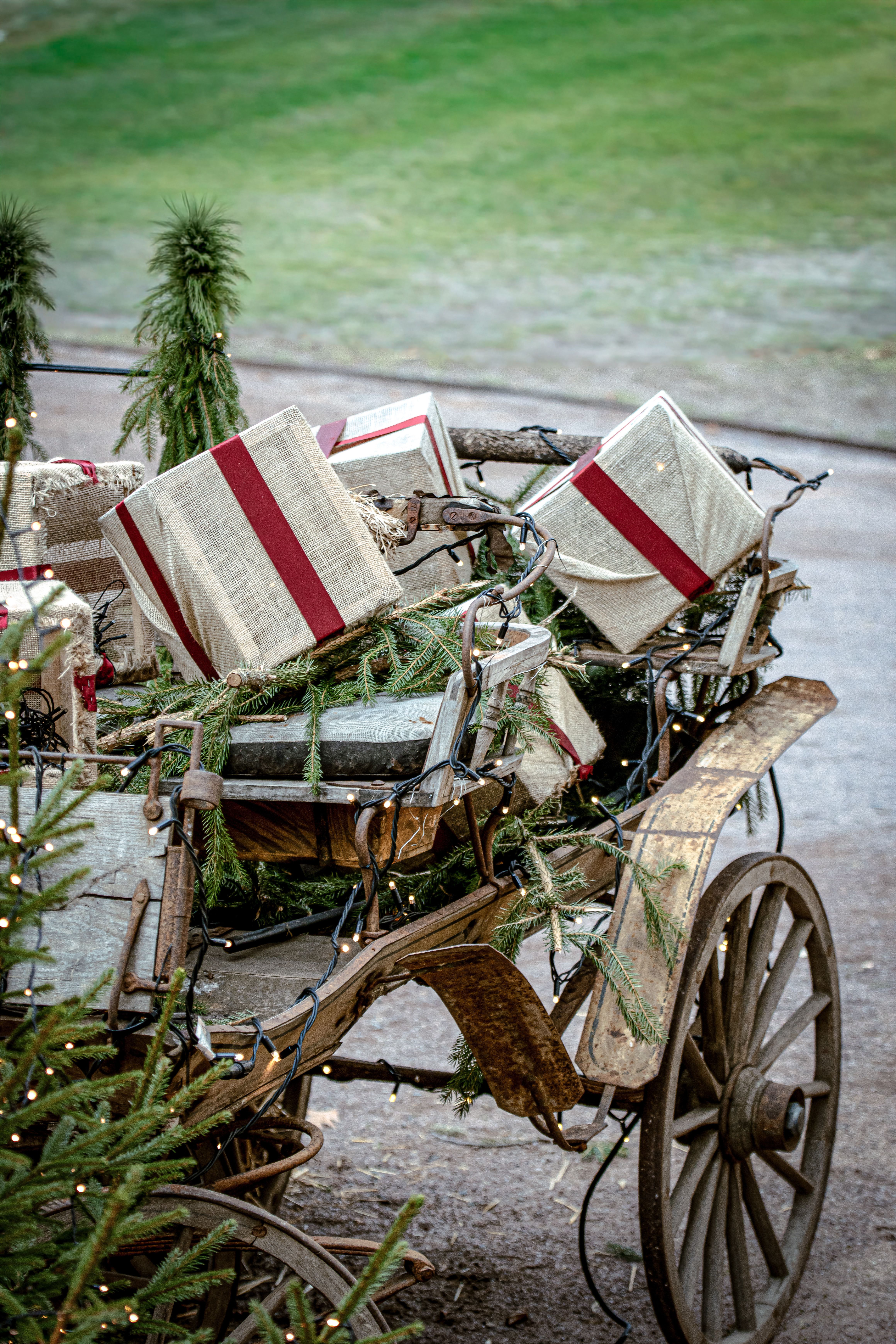 Festive Vintage Cart with Christmas Gifts Outdoors · Free Stock Photo