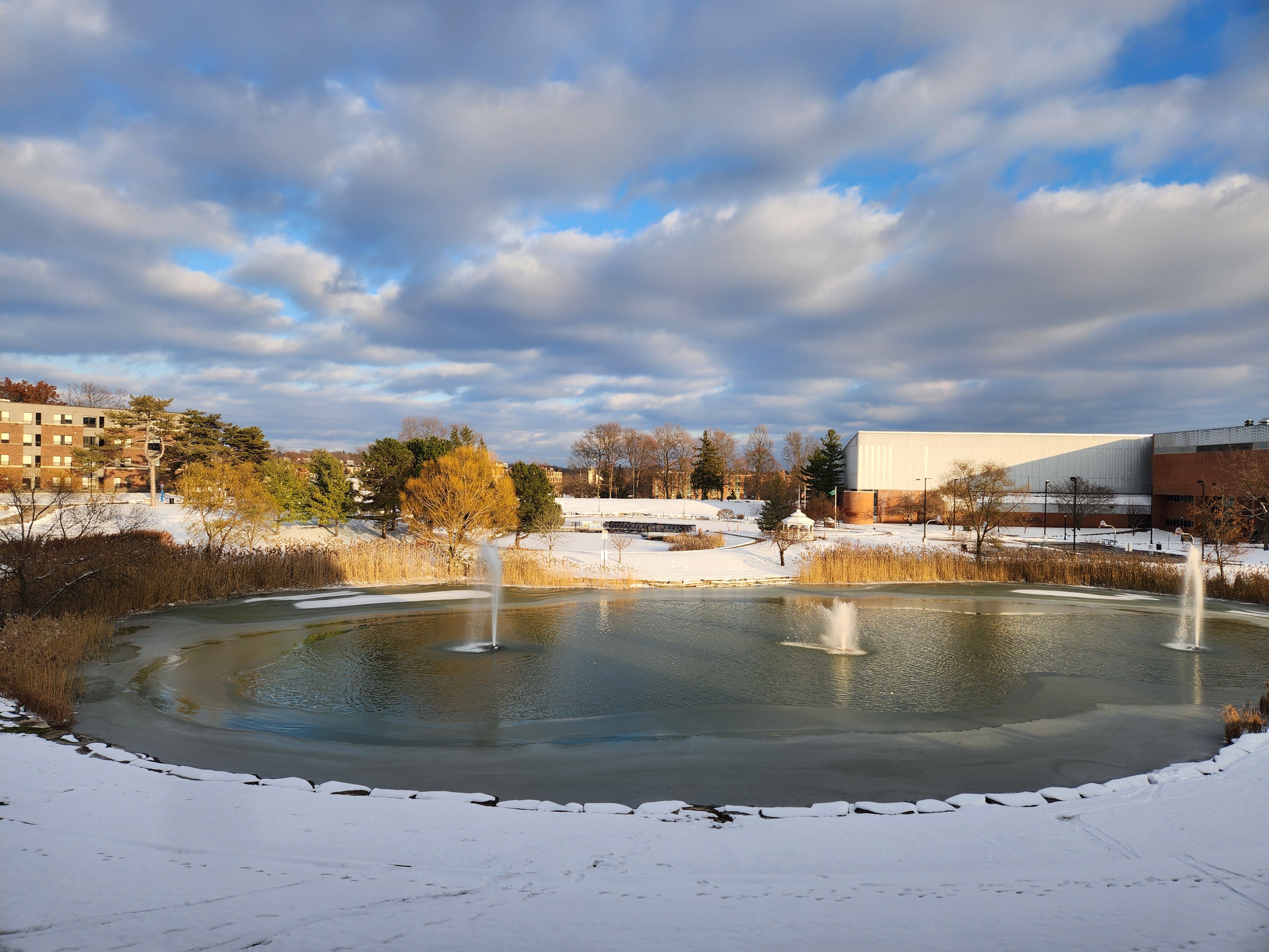 Winter Landscape with Frozen Pond and Fountains · Free Stock Photo
