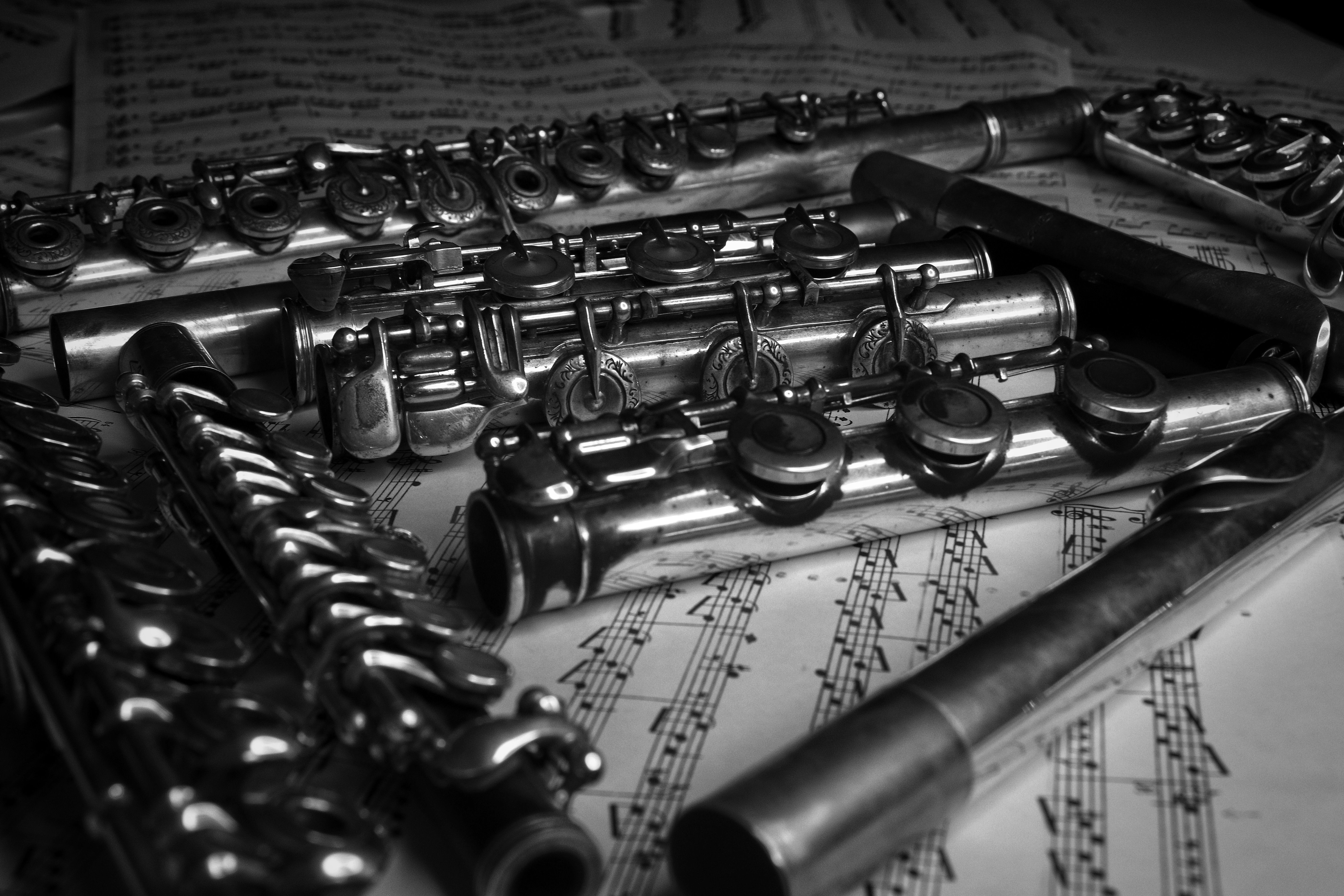 Black and White Flutes on Musical Sheets · Free Stock Photo
