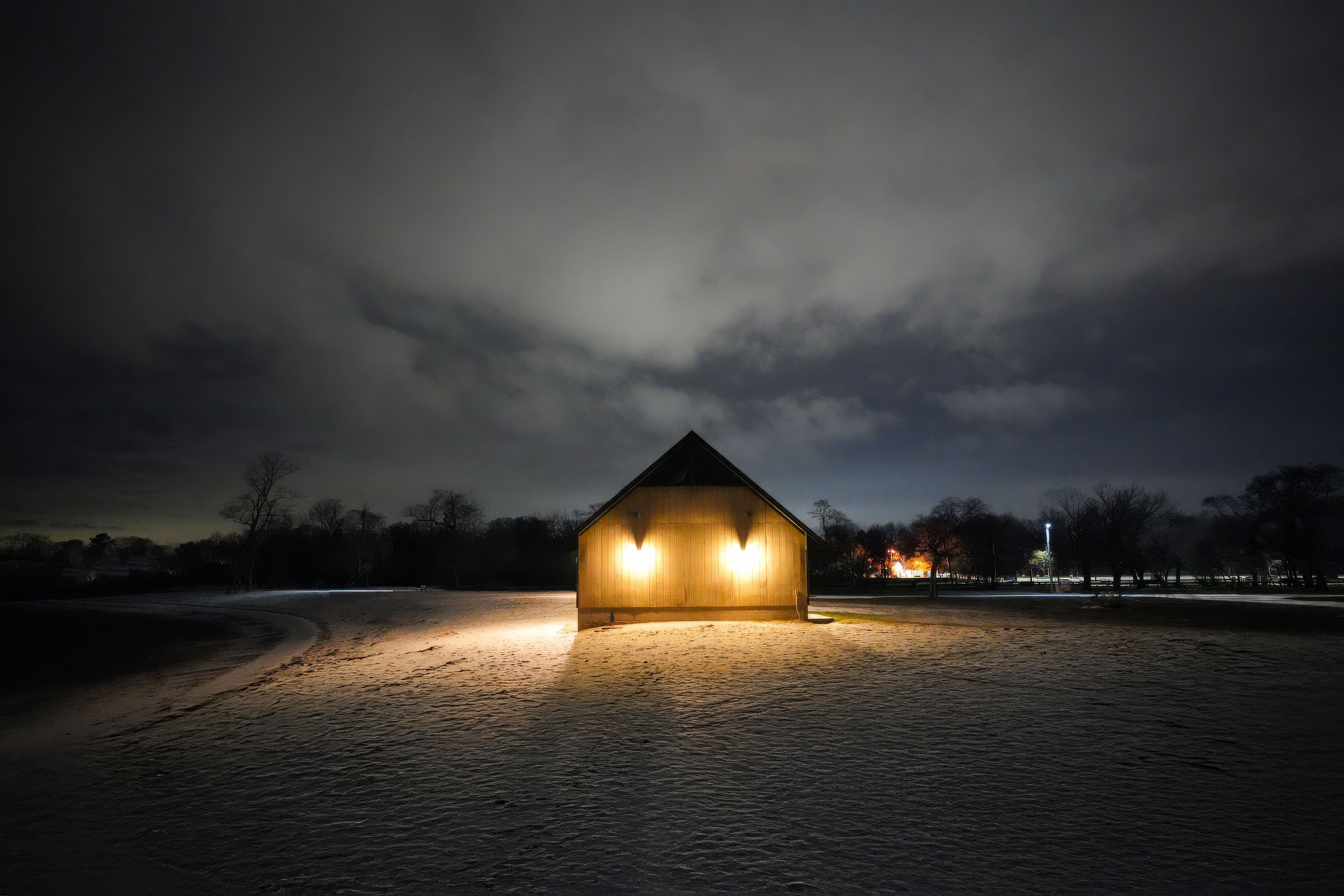 Lit Barn in Snowy Night Landscape · Free Stock Photo