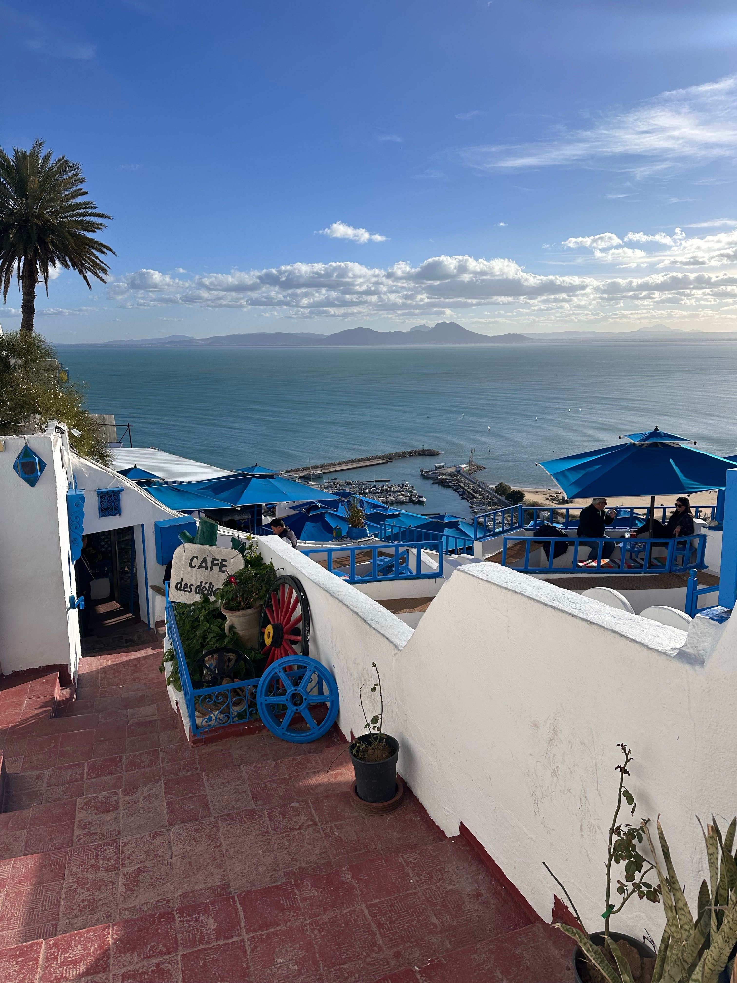 Cafe terrace with sea view during a sunny day · Free Stock Photo