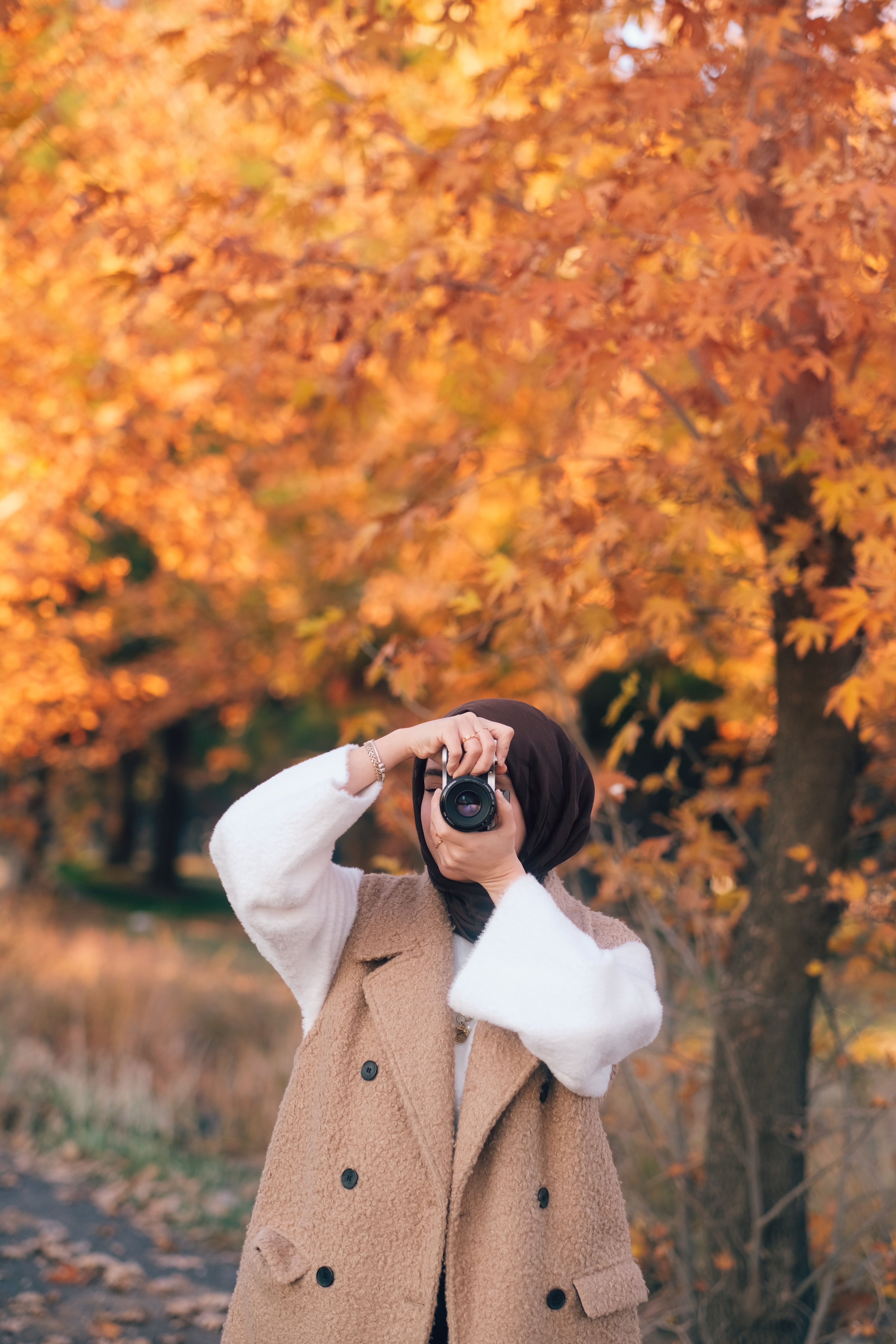 Autumn Scene: Woman Photographer Capturing Fall Foliage · Free Stock Photo