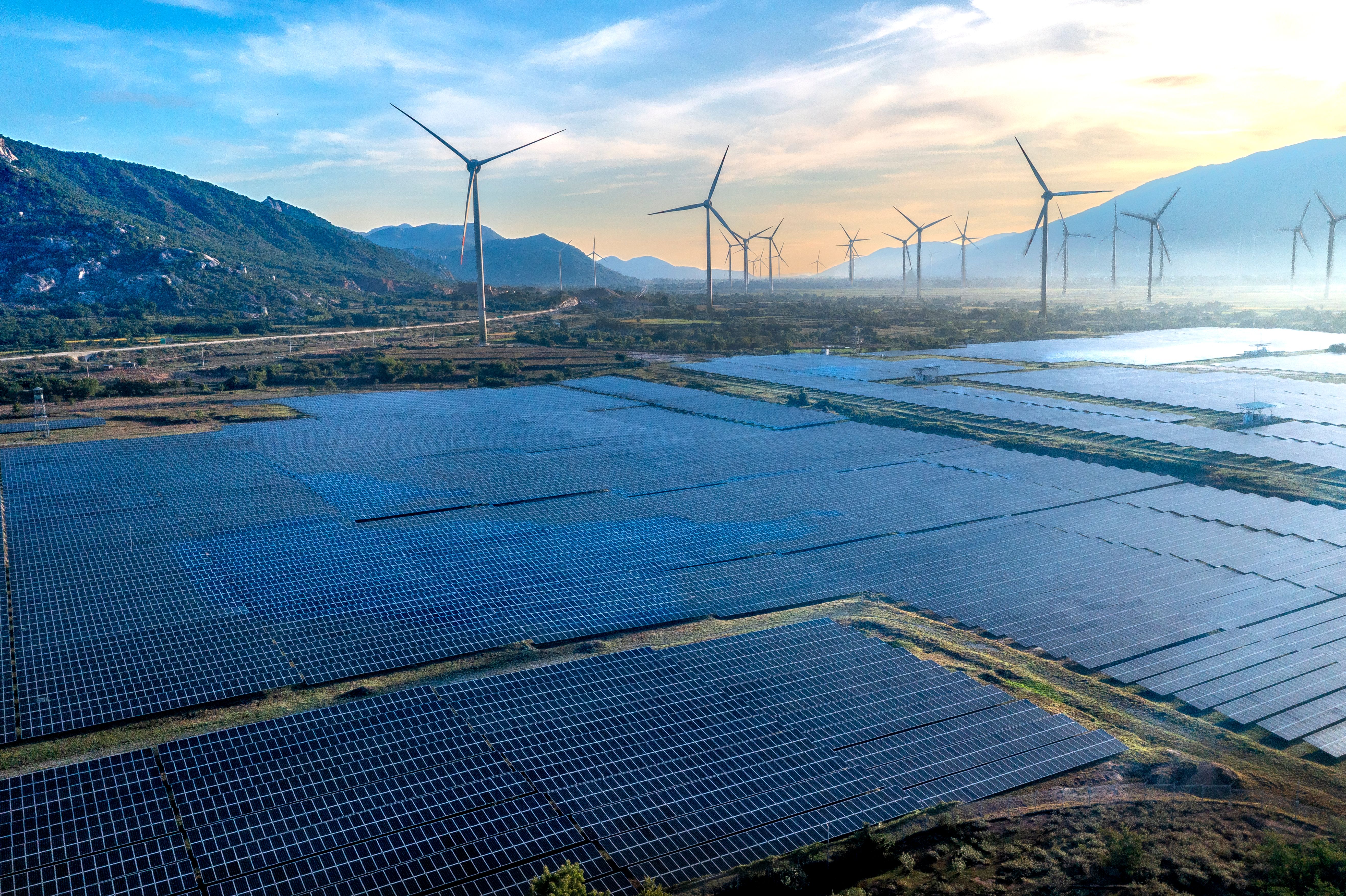Aerial View of Solar and Wind Energy Farm · Free Stock Photo