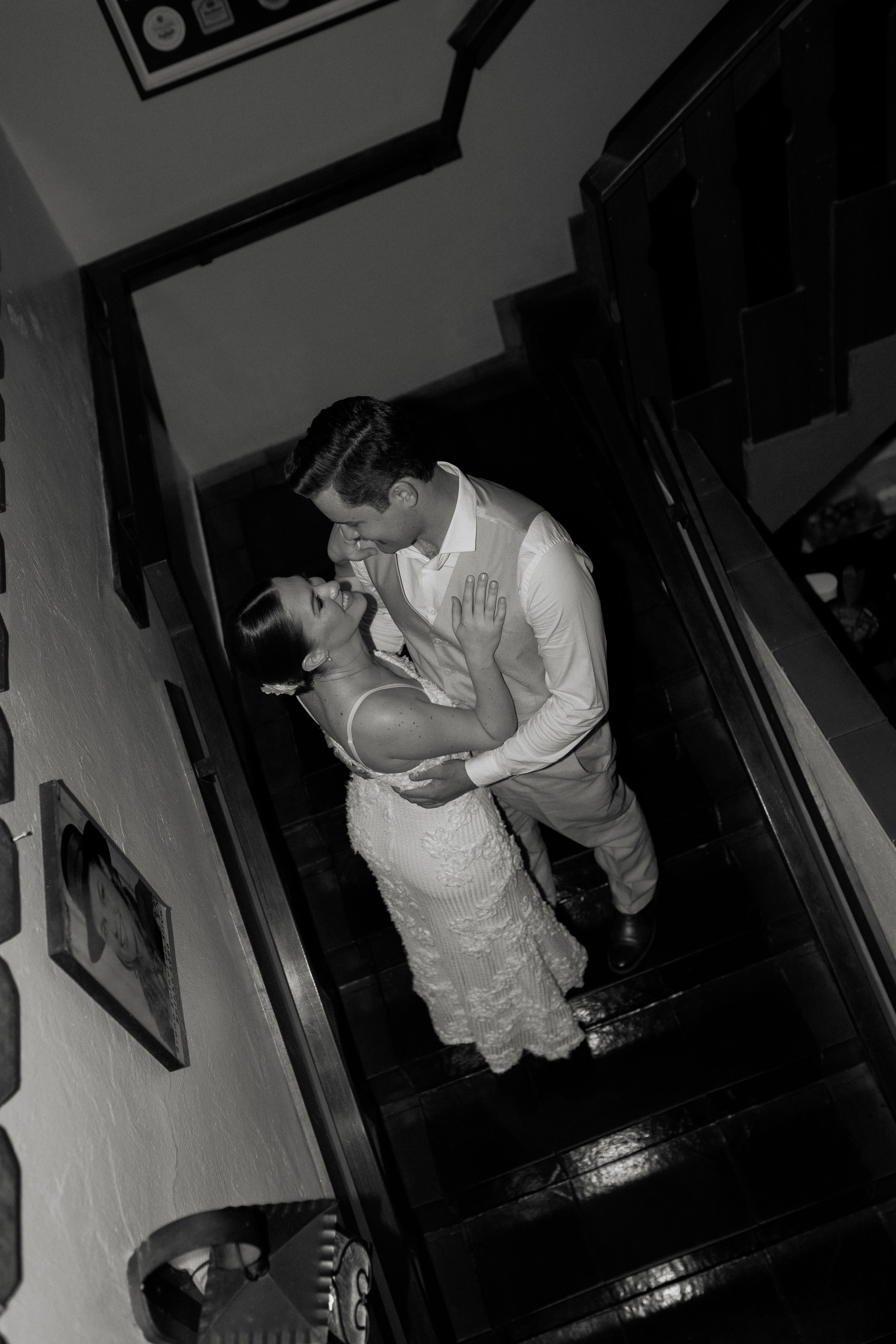 Romantic Black and White Wedding Staircase Portrait · Free Stock Photo