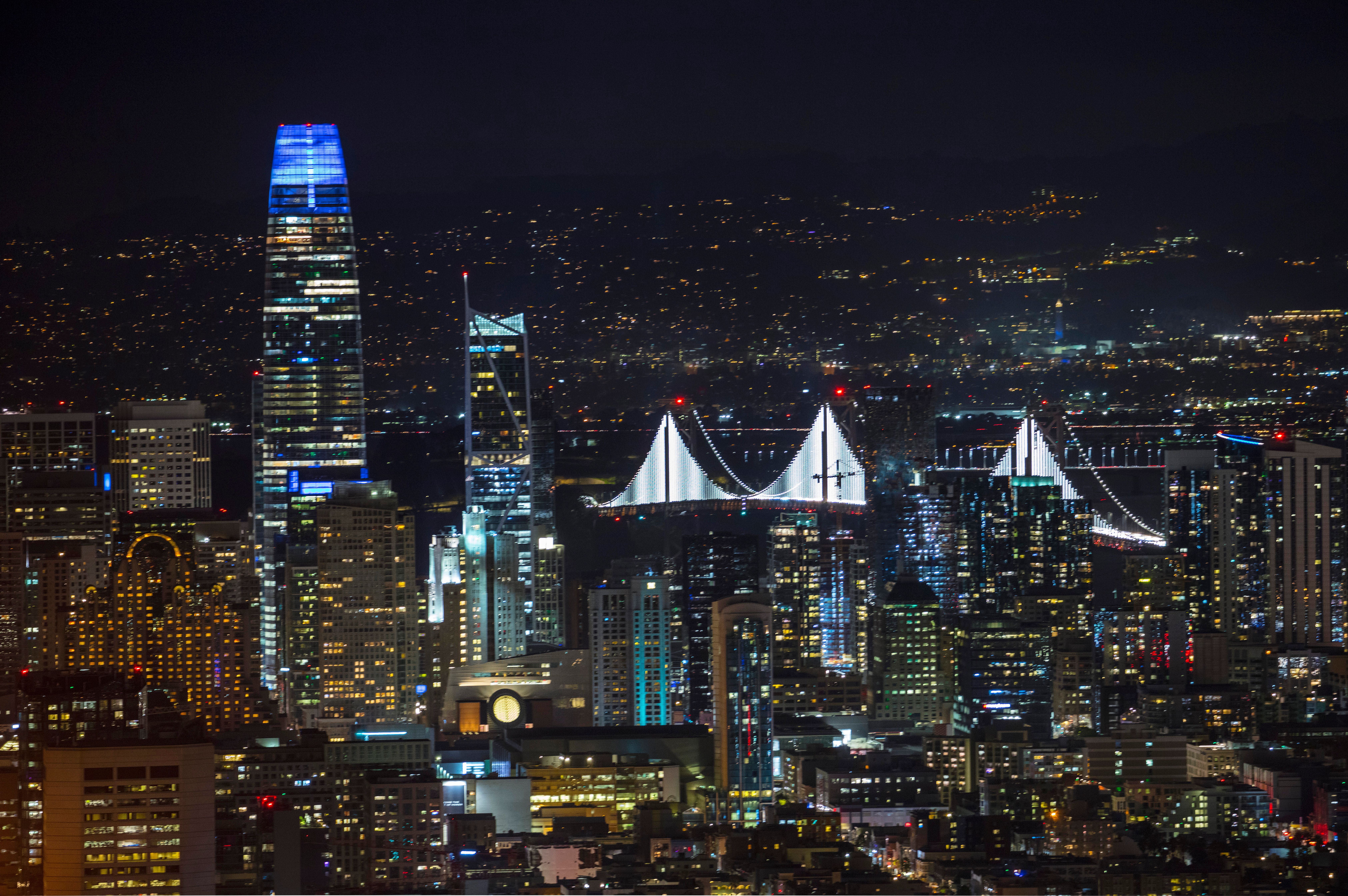 San Francisco Skyline at Night with Bay Bridge · Free Stock Photo