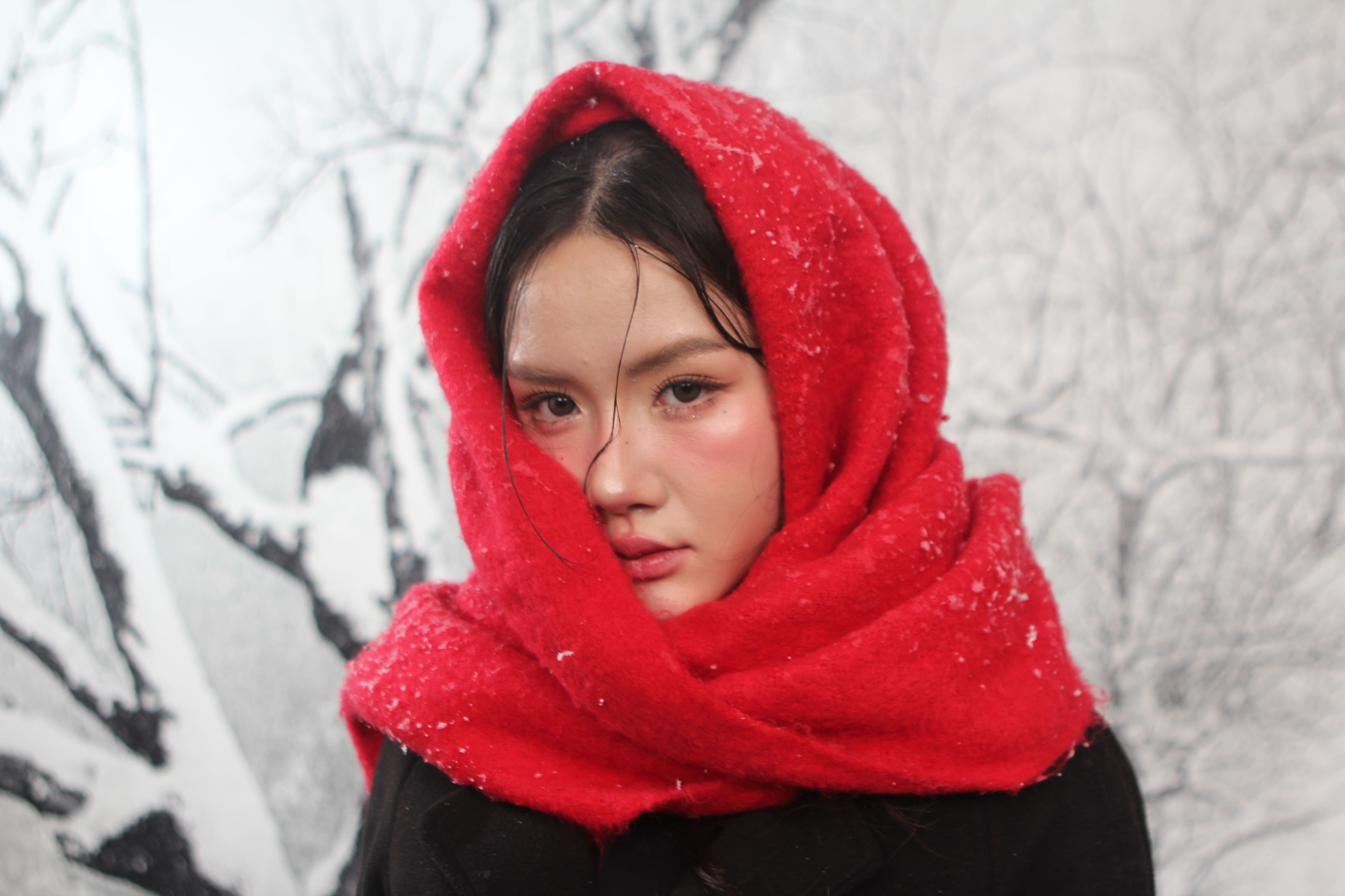 Young Woman in Red Scarf During Winter Snowfall · Free Stock Photo
