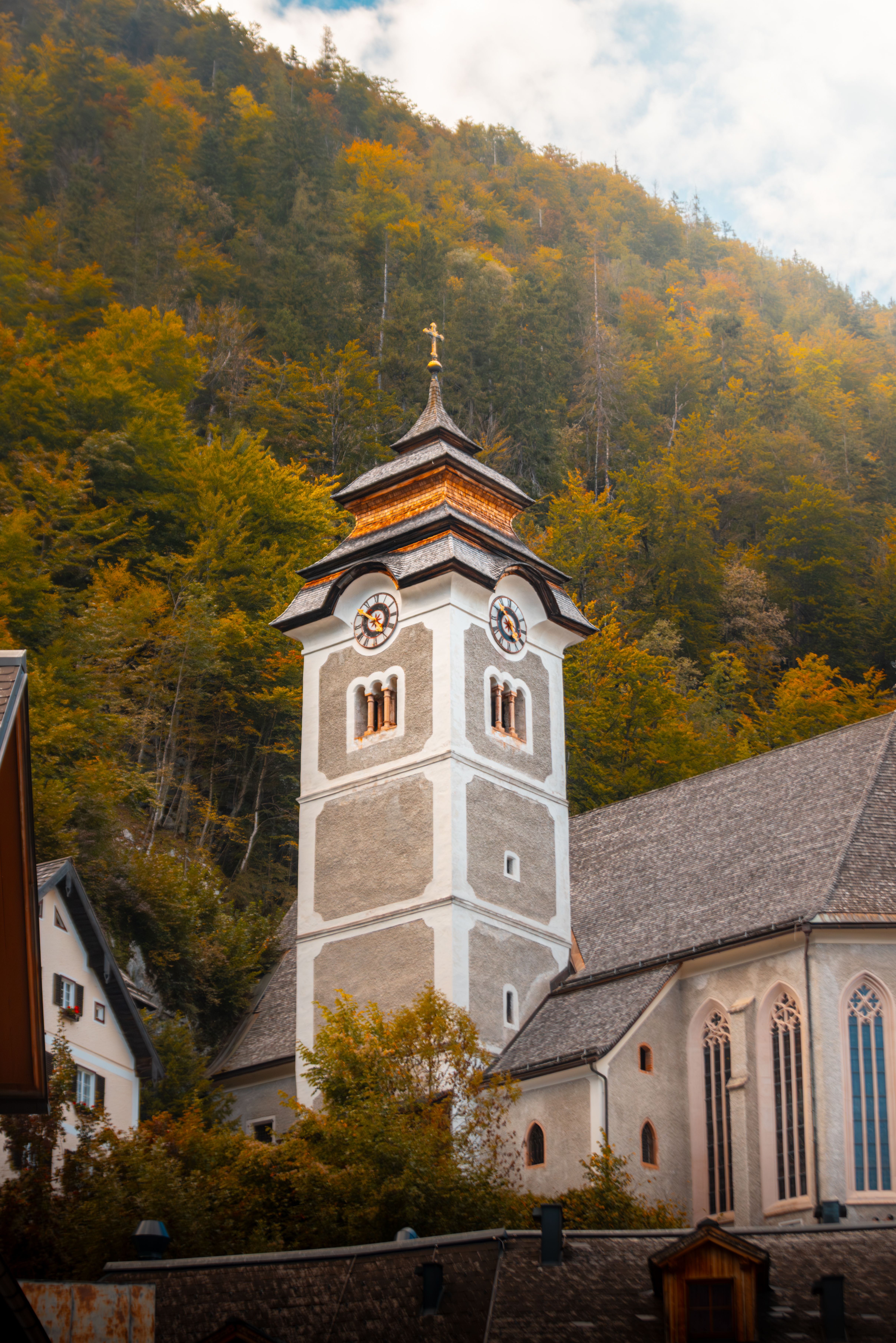 Scenic View of Church Tower in Hallstatt, Austria · Free Stock Photo