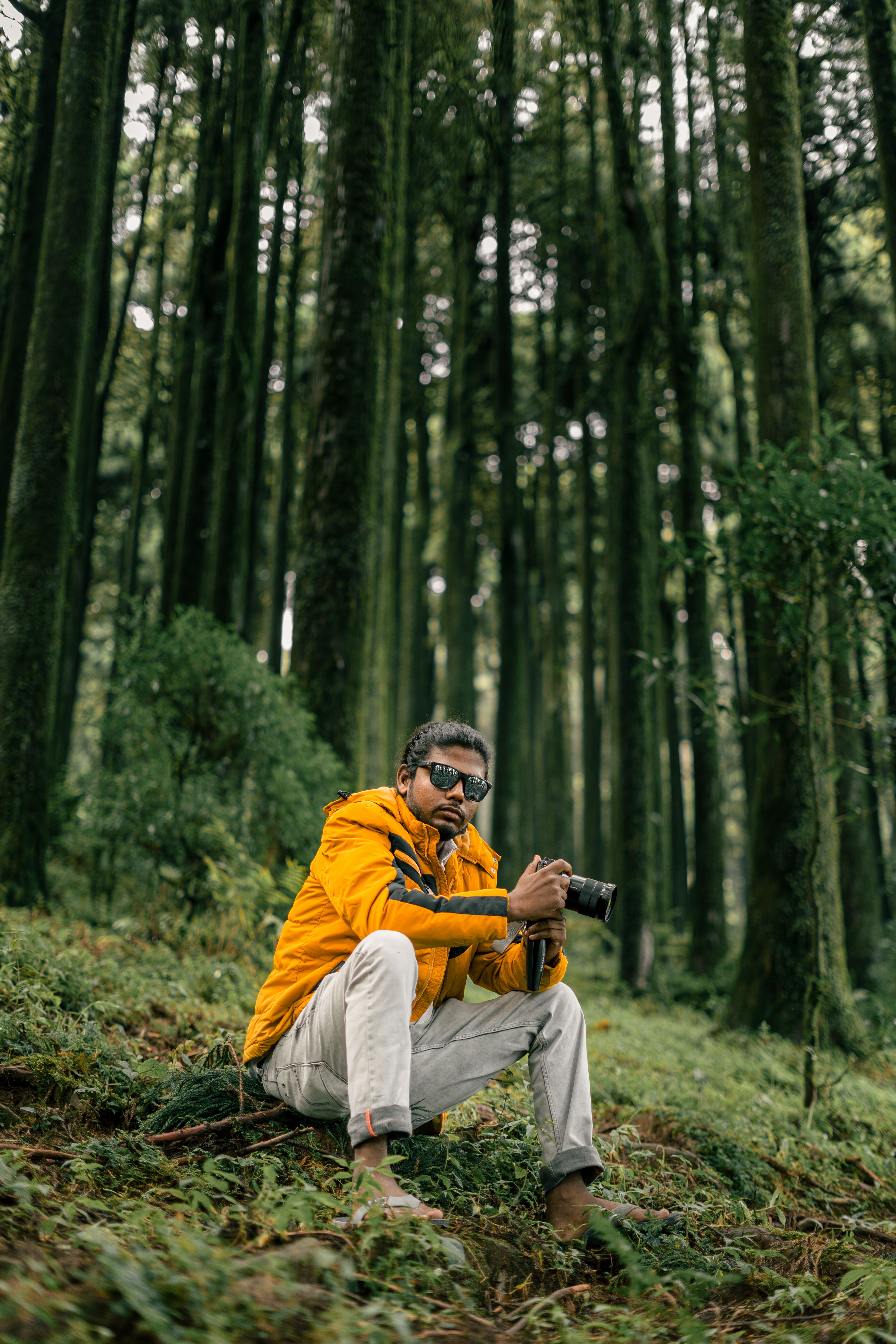 Hiking Couple Sitting on a Fallen Tree and Taking a Selfie in a Forest ...