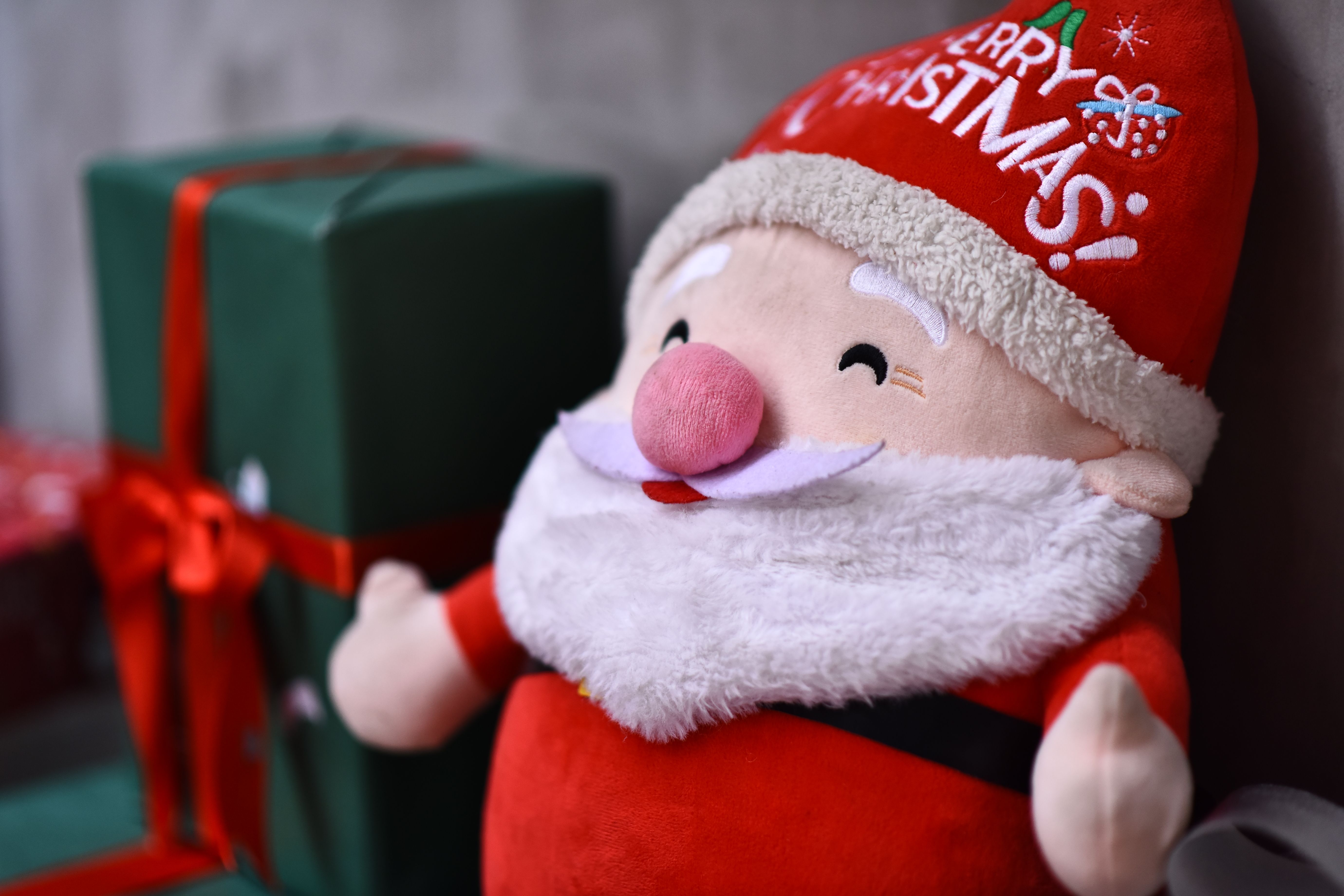 Festive Santa Claus Plush with Gift Box · Free Stock Photo
