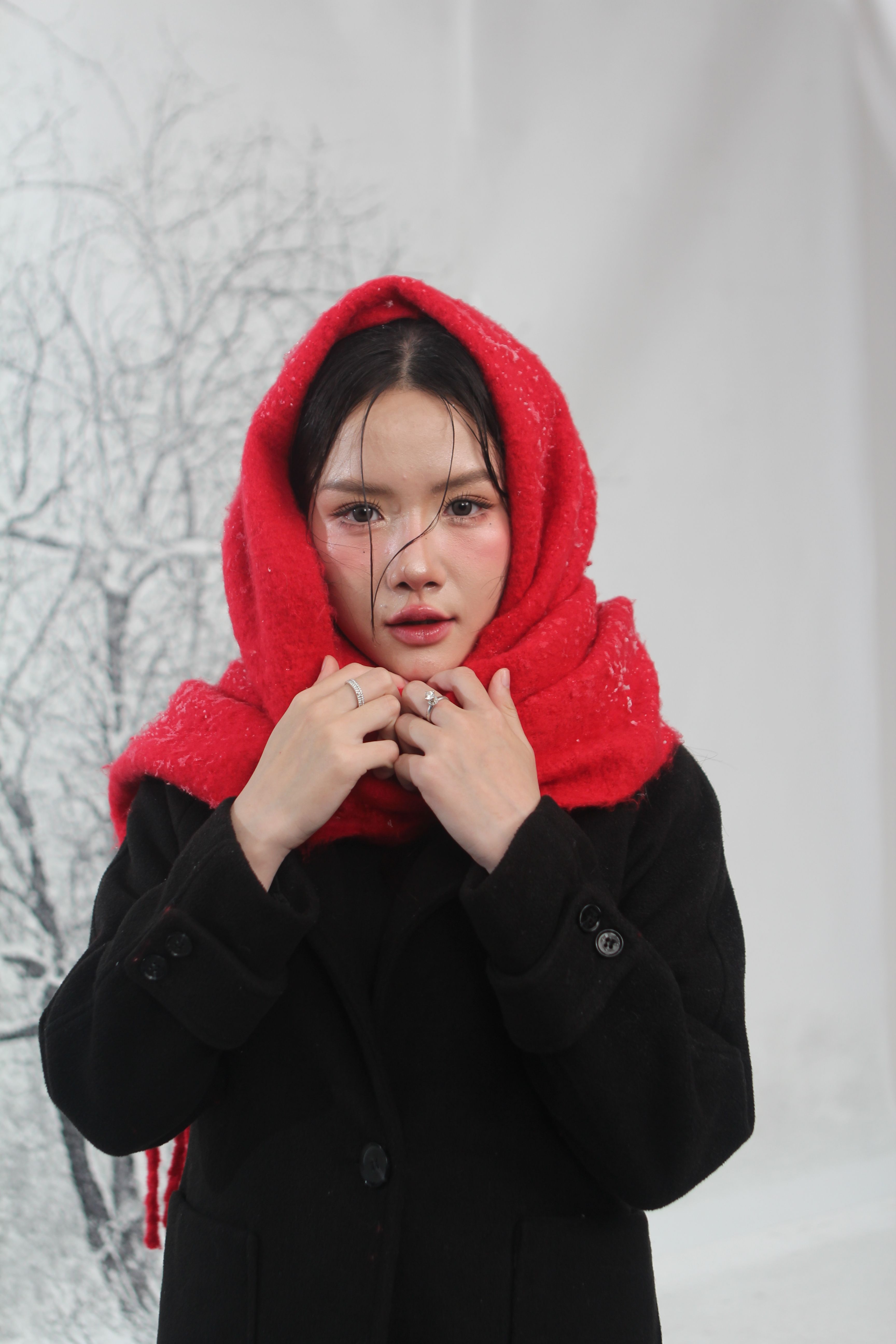 Young Woman in a Red Winter Scarf and Black Coat · Free Stock Photo