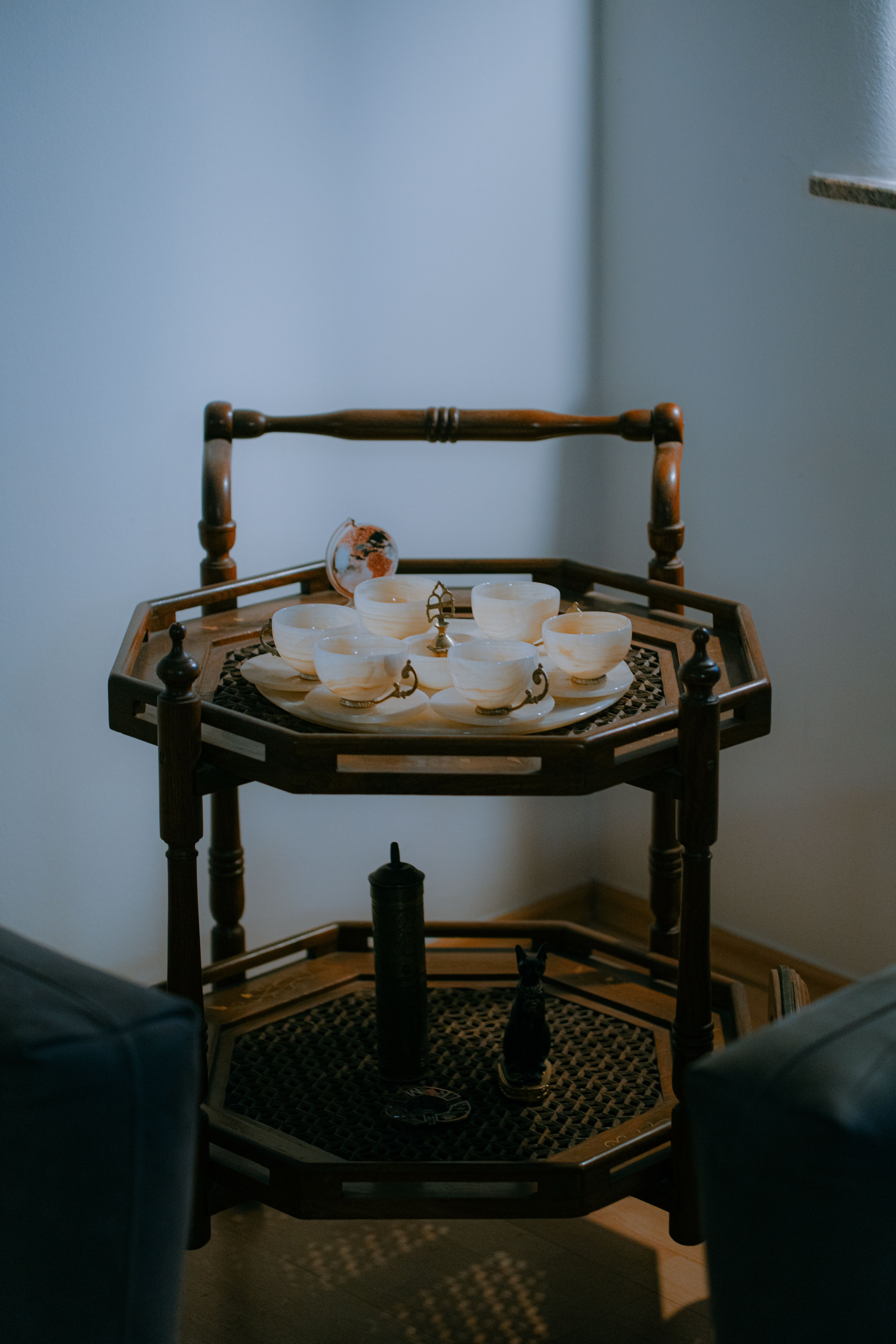 Vintage Tea Set on Wooden Serving Cart Indoors · Free Stock Photo