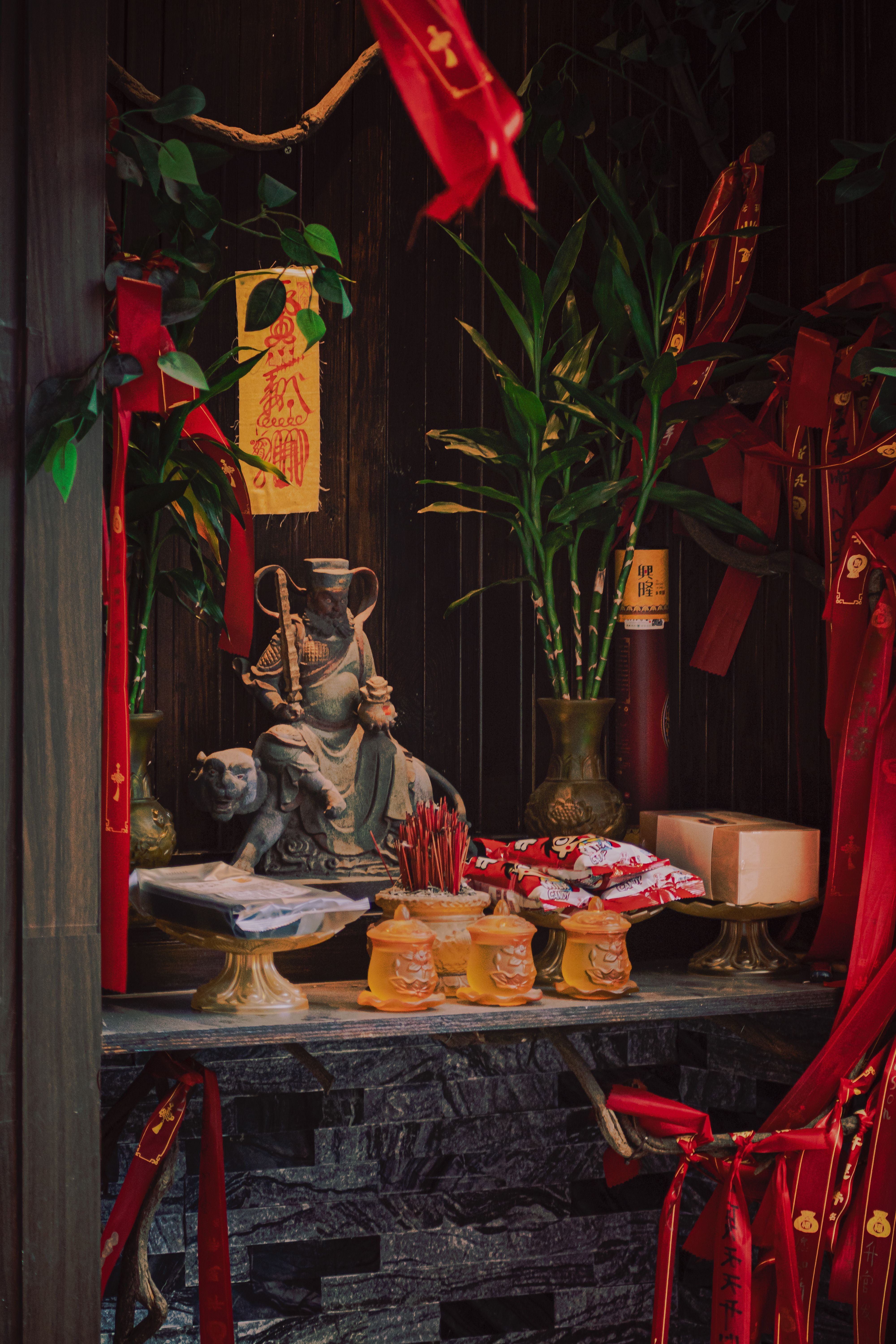 Traditional Asian Altar with Bamboo and Incense · Free Stock Photo