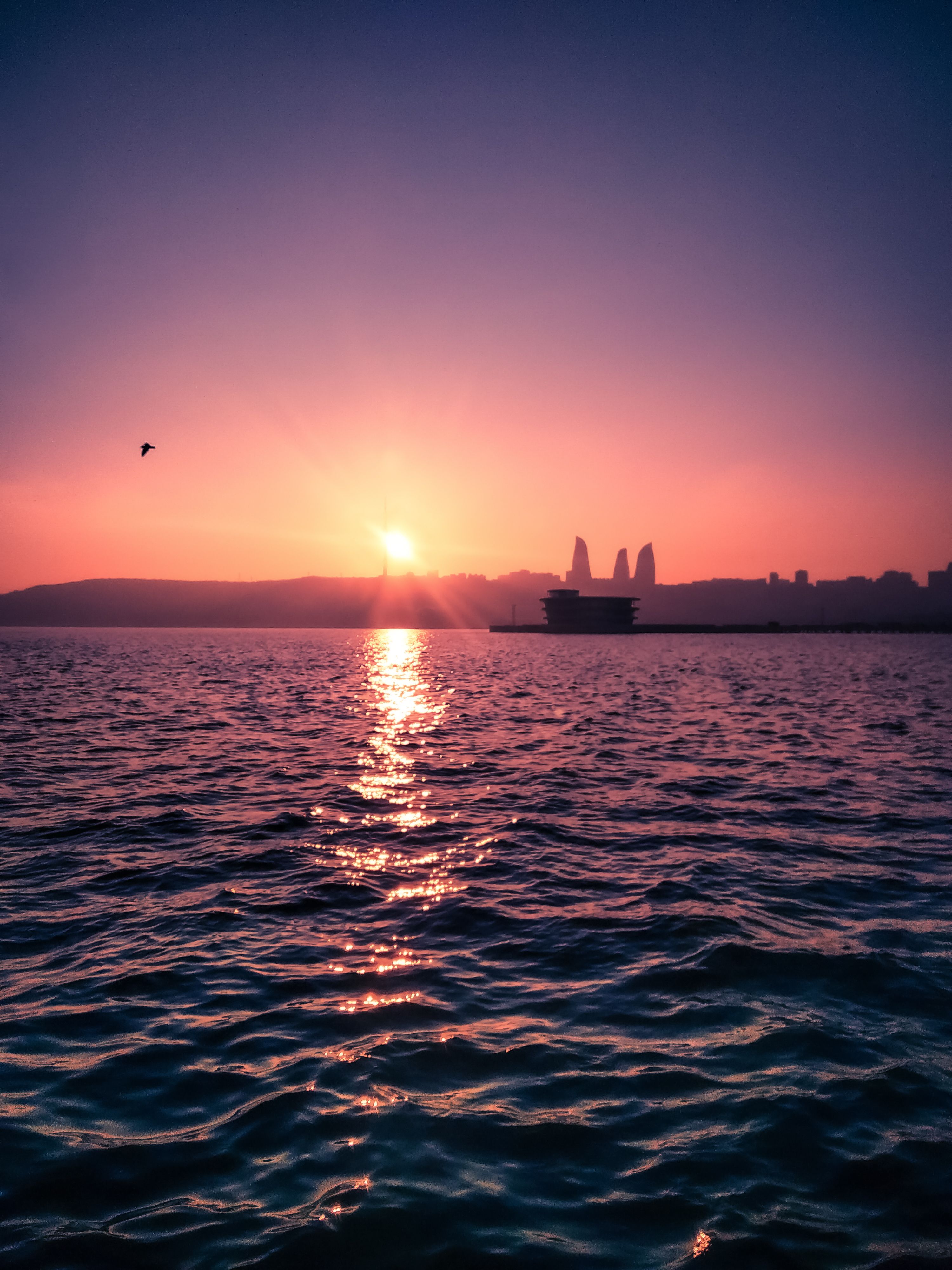 Sunset Over Baku With Caspian Sea and Skyline · Free Stock Photo