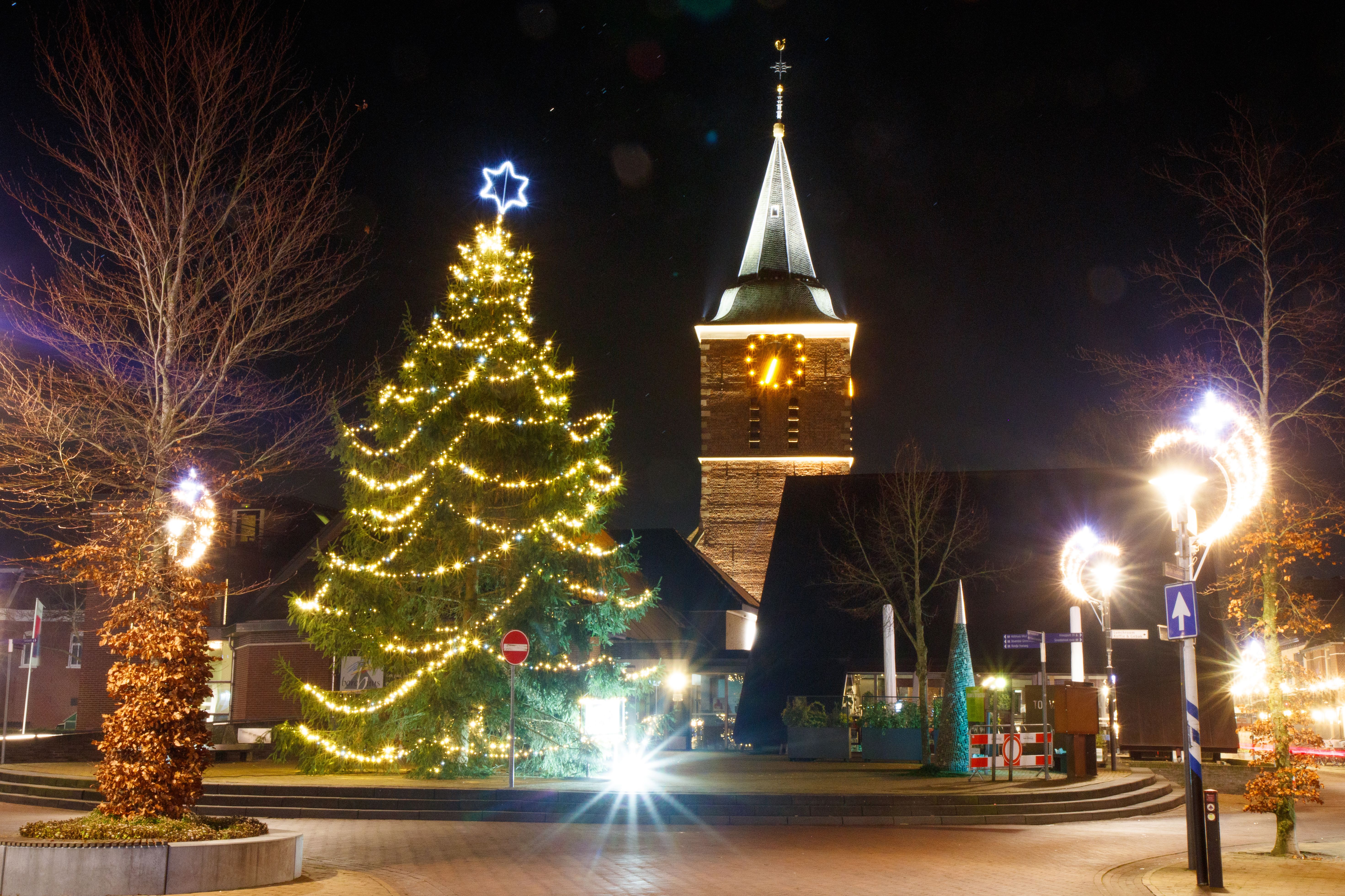 Festive Christmas Tree and Church at Night · Free Stock Photo