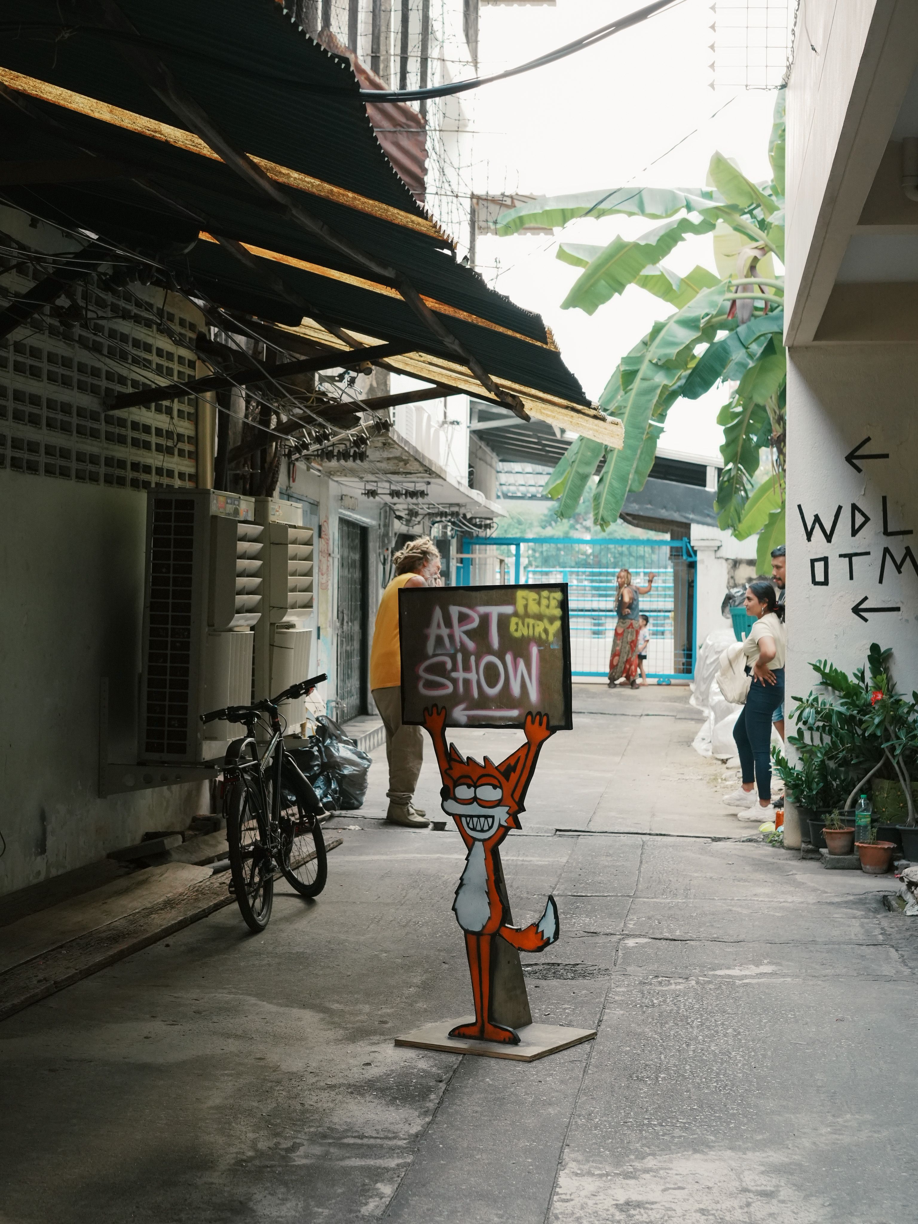 Vibrant Alleyway Art Show with Cartoon Sign · Free Stock Photo