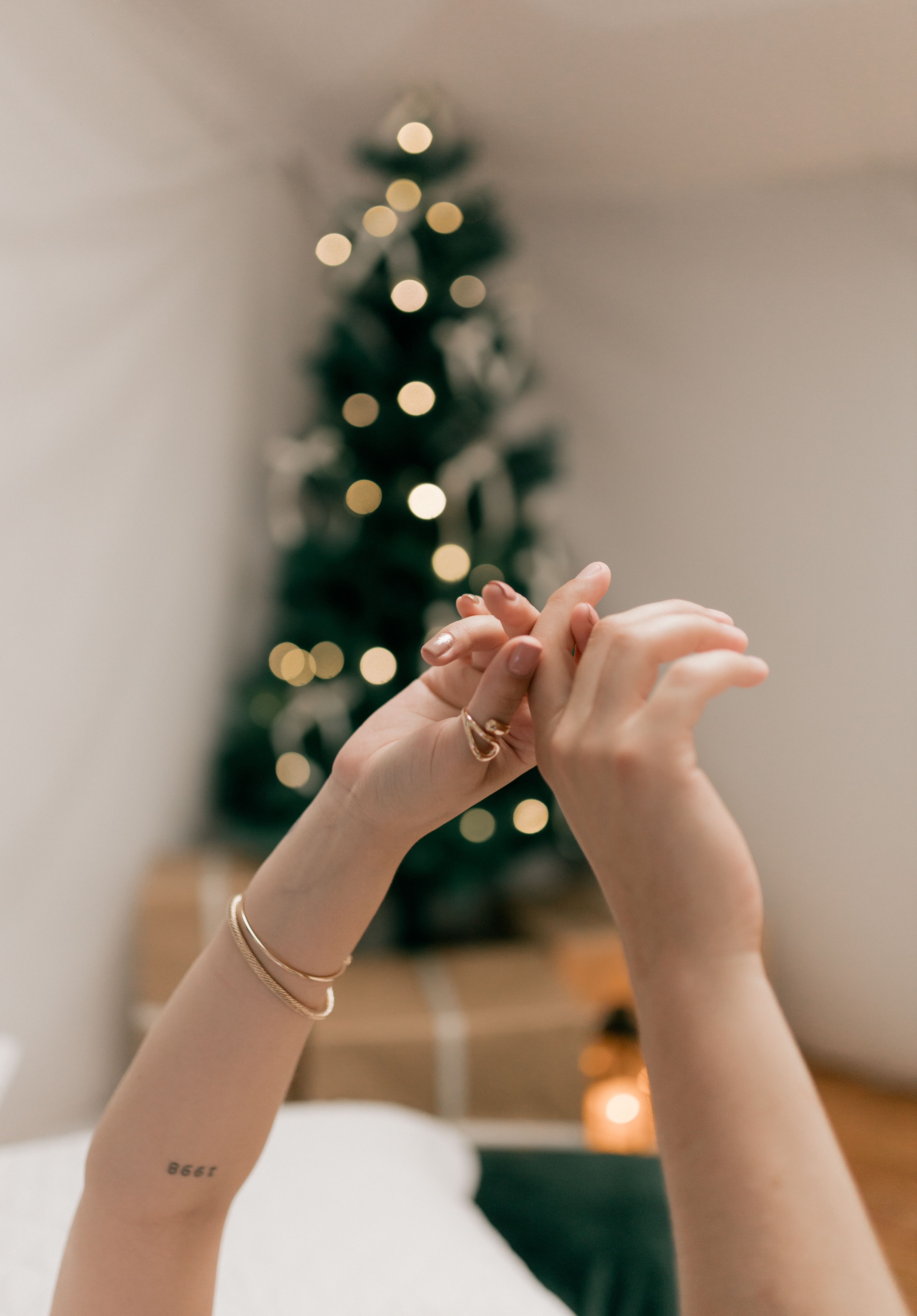 Elegant Hand Gestures with Festive Christmas Tree · Free Stock Photo