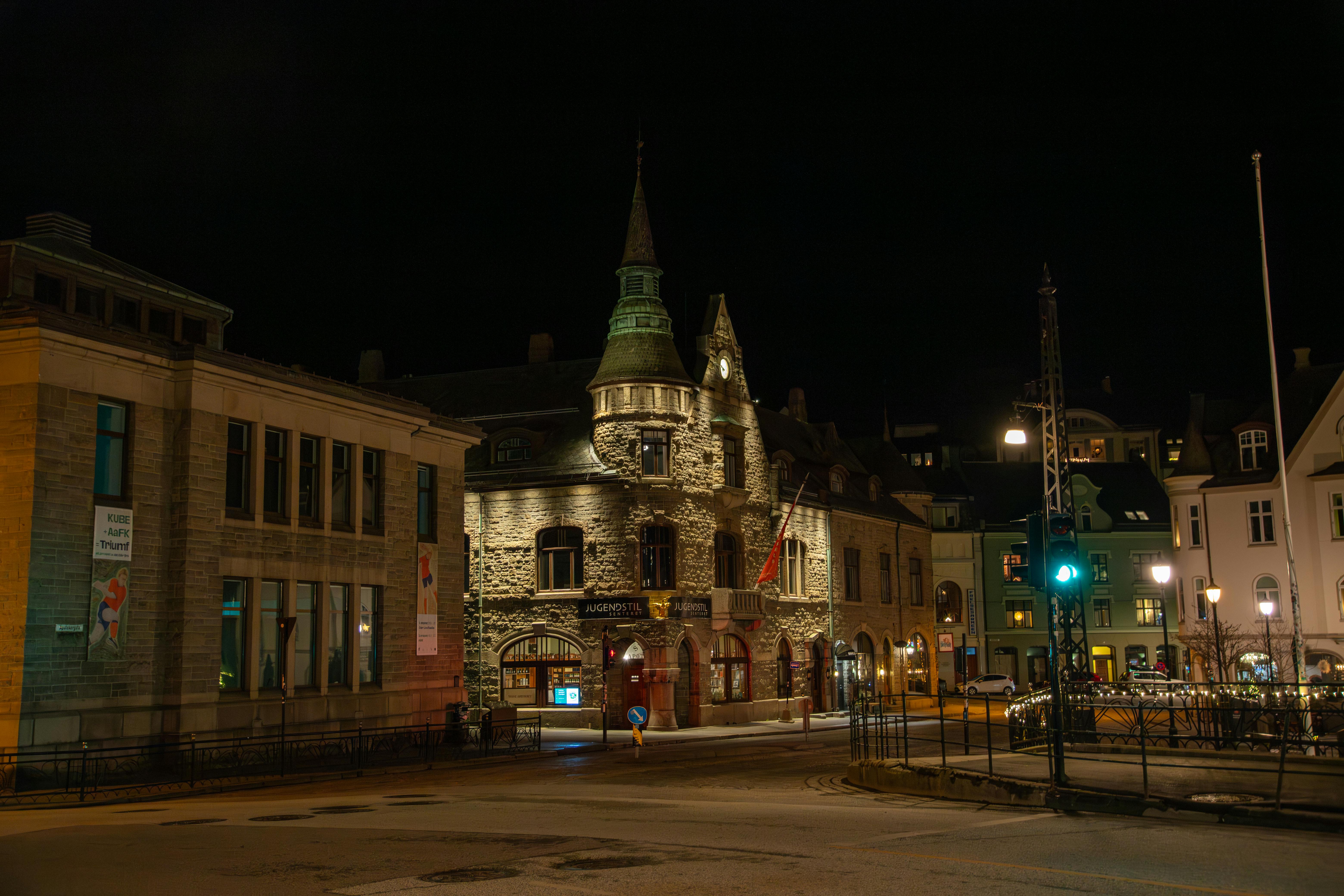 Architectural Night Scene in Ålesund Norway · Free Stock Photo