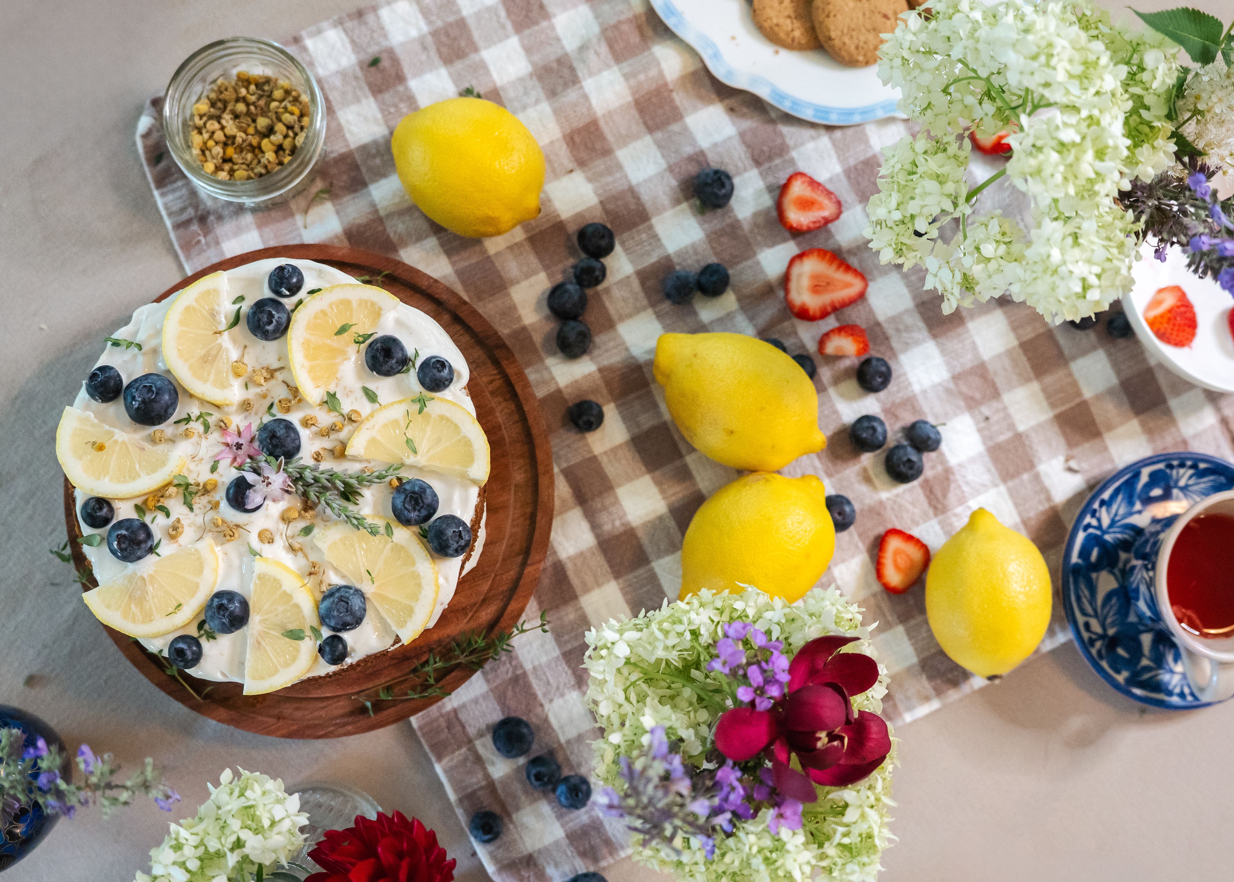 Summer Flat Lay With Lemon Blueberry Cake · Free Stock Photo