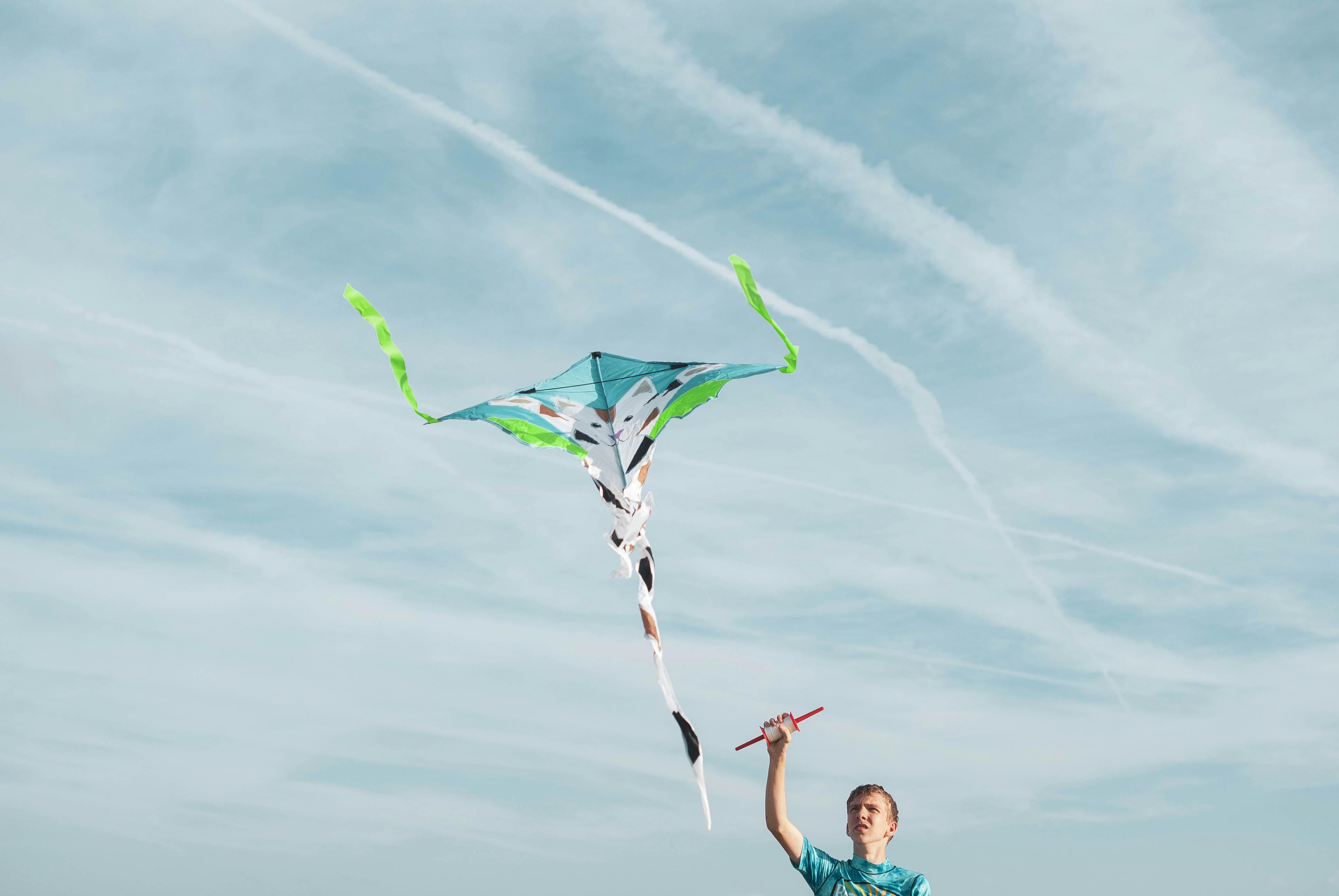 Man Wearing Blue Shirt Flying Kite · Free Stock Photo