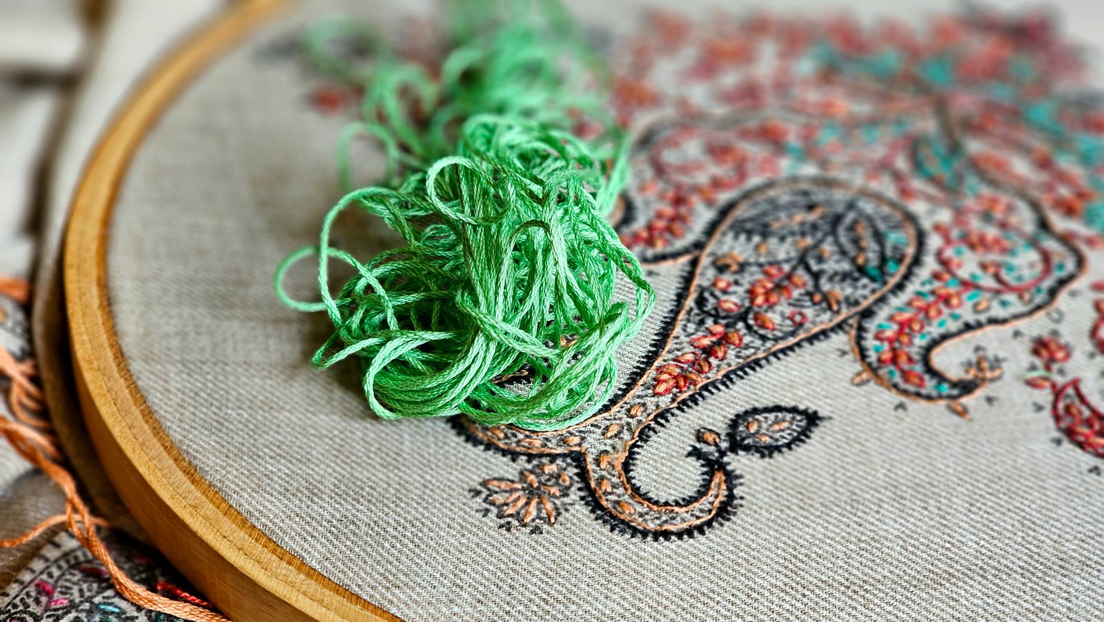 Intricate Paisley Embroidery on Fabric Hoop · Free Stock Photo