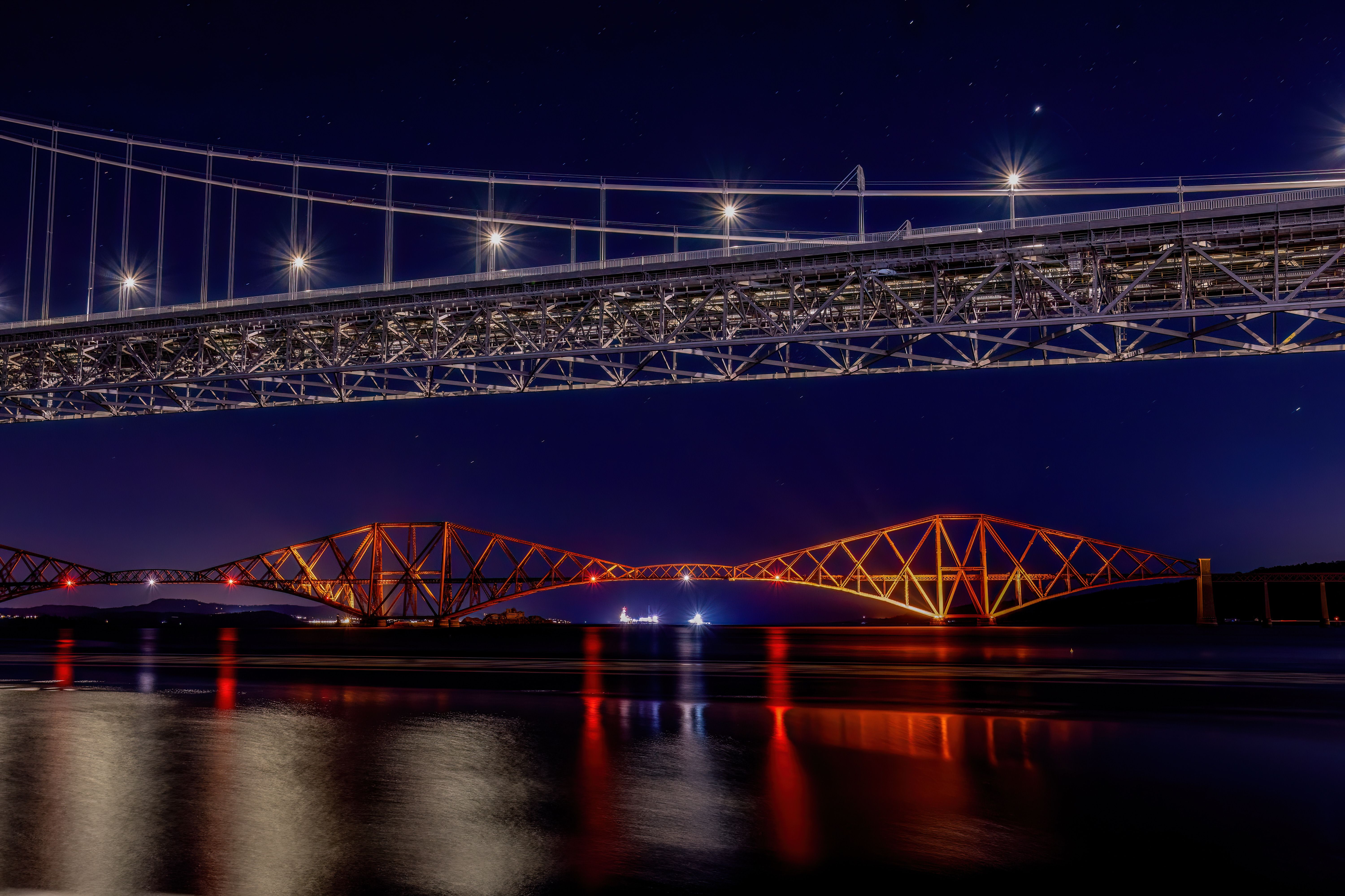 Night View of Illuminated Forth Bridges in Scotland · Free Stock Photo