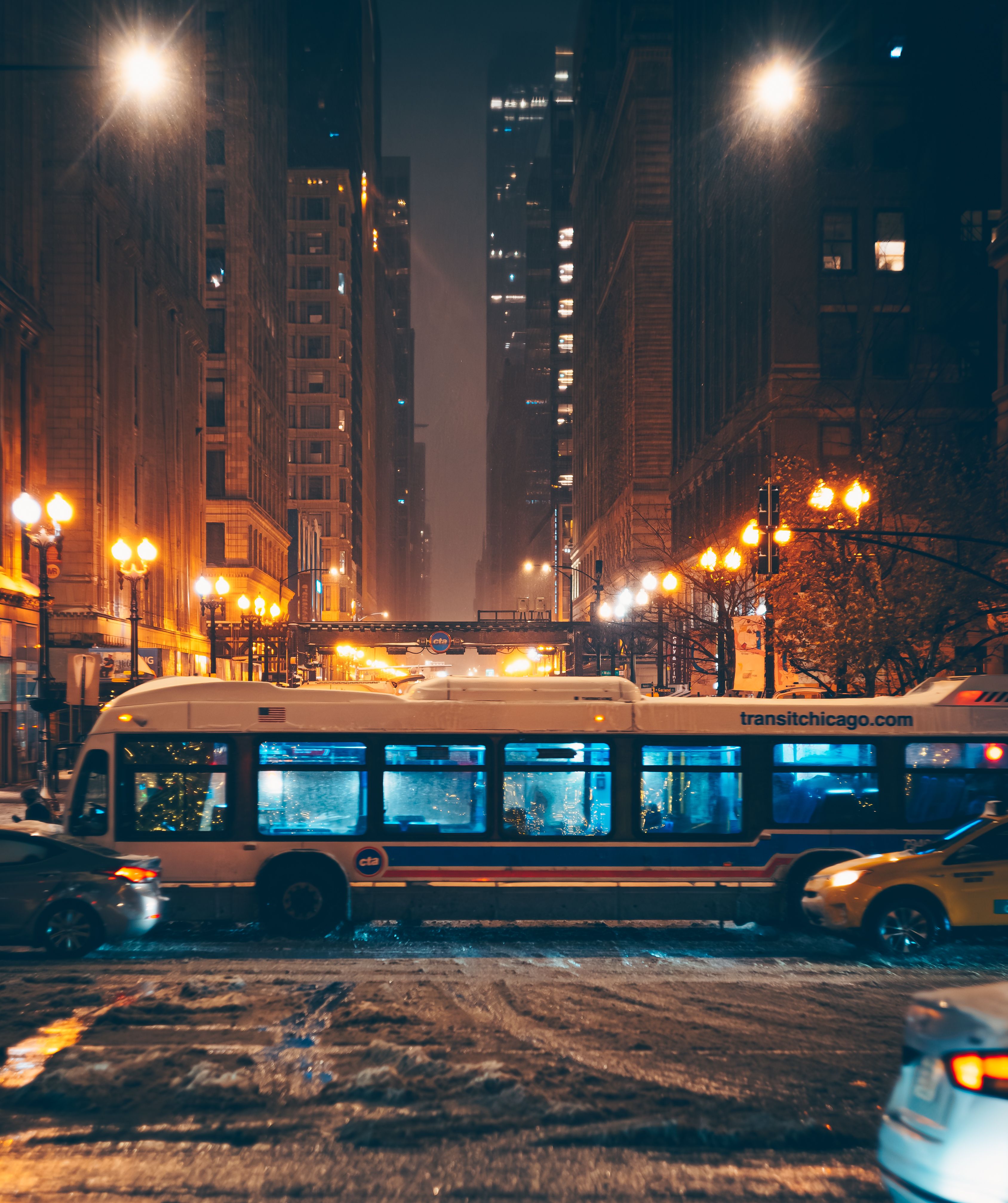 Chicago Night Scene with Bus on Busy Street · Free Stock Photo