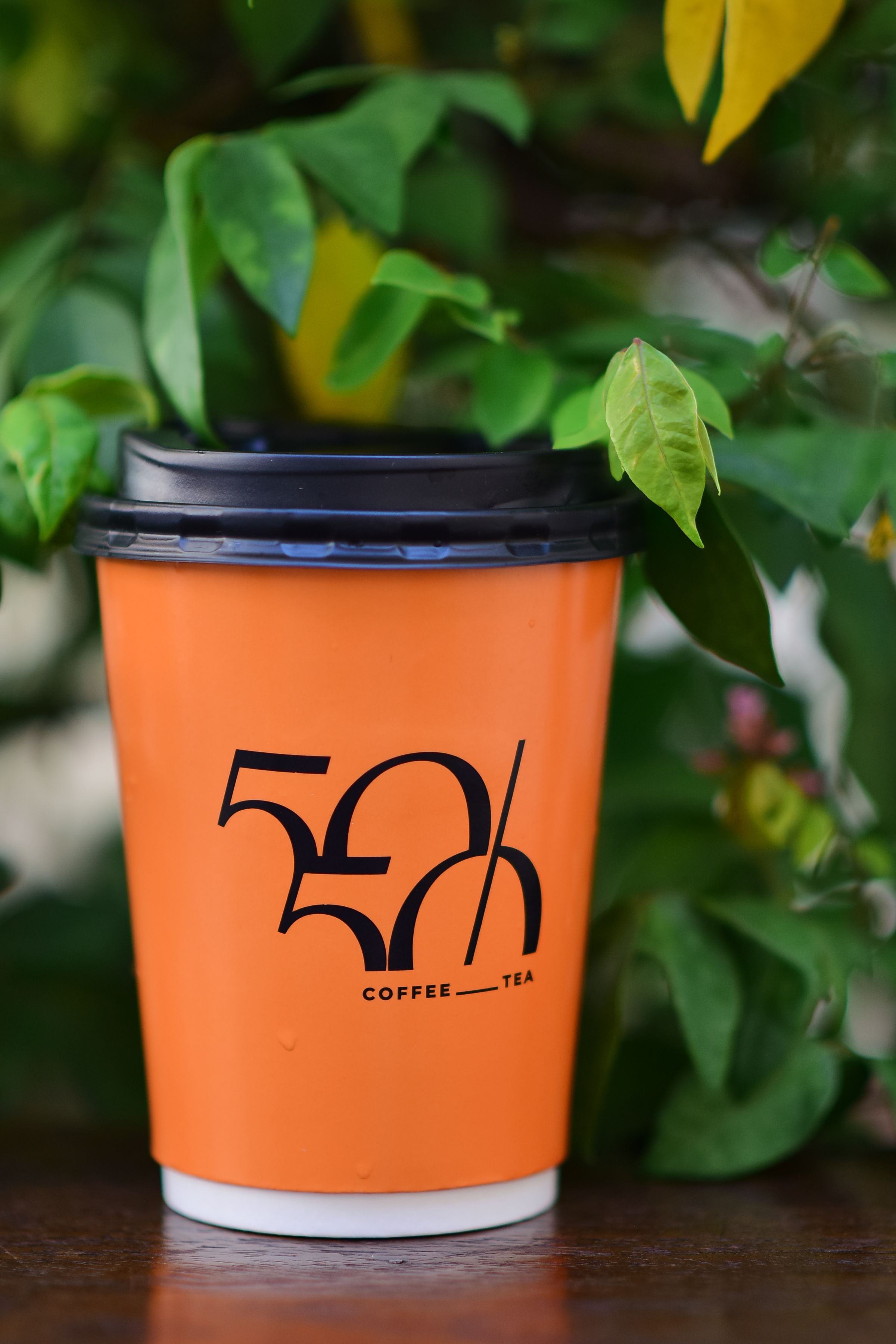 Vibrant Orange Coffee Cup in Leafy Outdoor Setting · Free Stock Photo