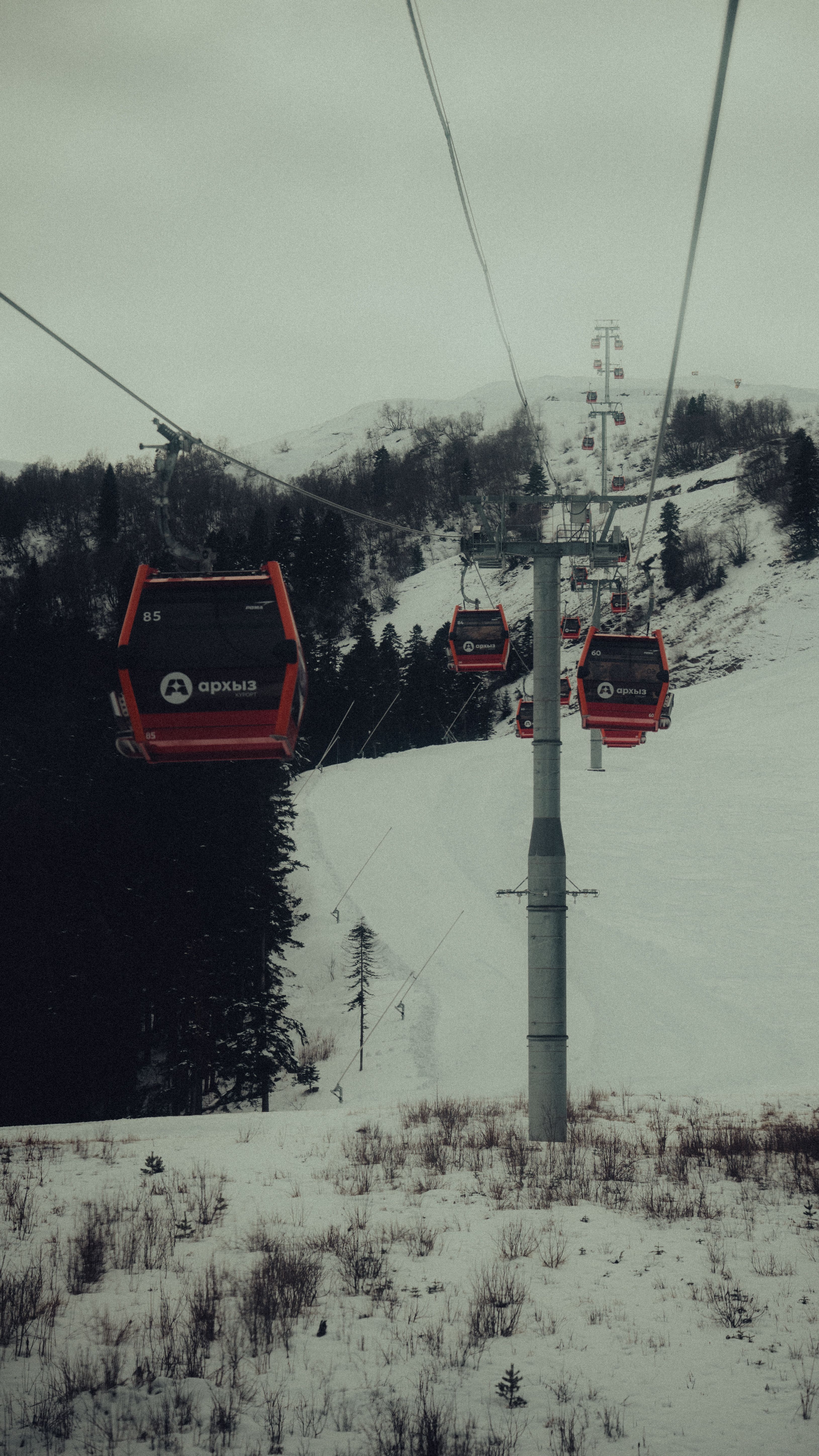 Red Cable Cars Traversing Snowy Mountain Landscape · Free Stock Photo