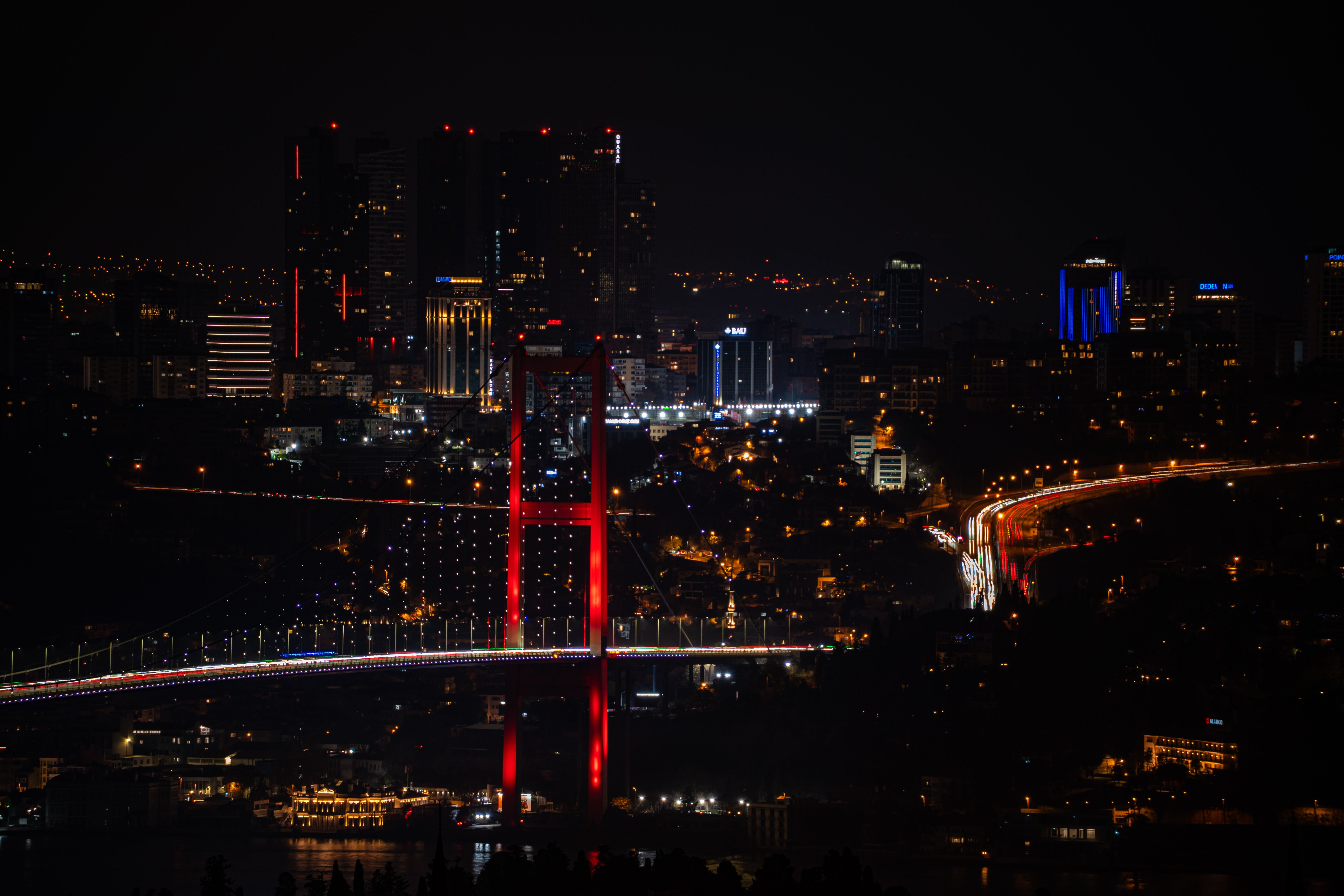 Night View of Istanbul's Illuminated Bosphorus Bridge · Free Stock Photo