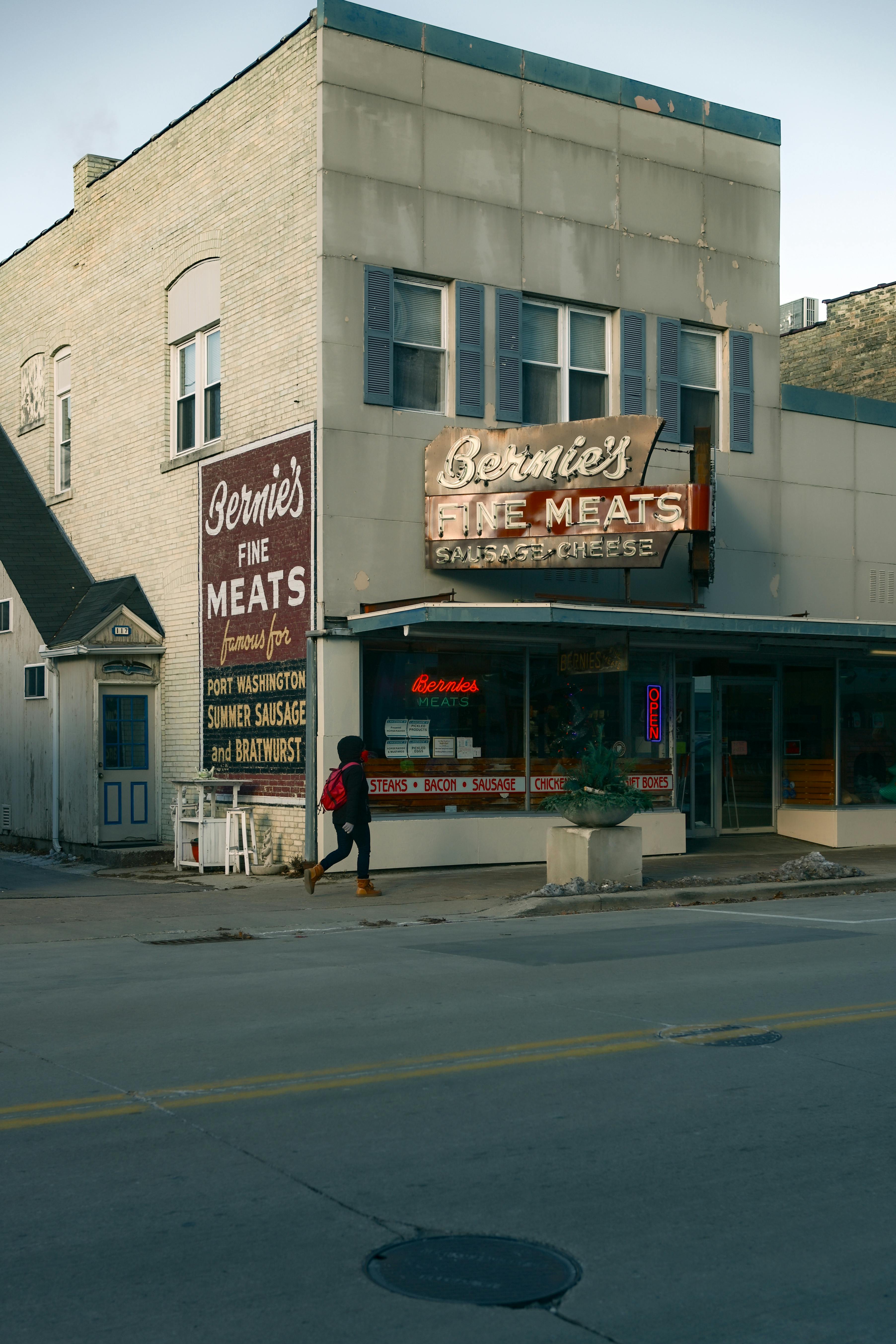 Vintage Deli Street Scene Featuring Bernie's Fine Meats · Free Stock Photo