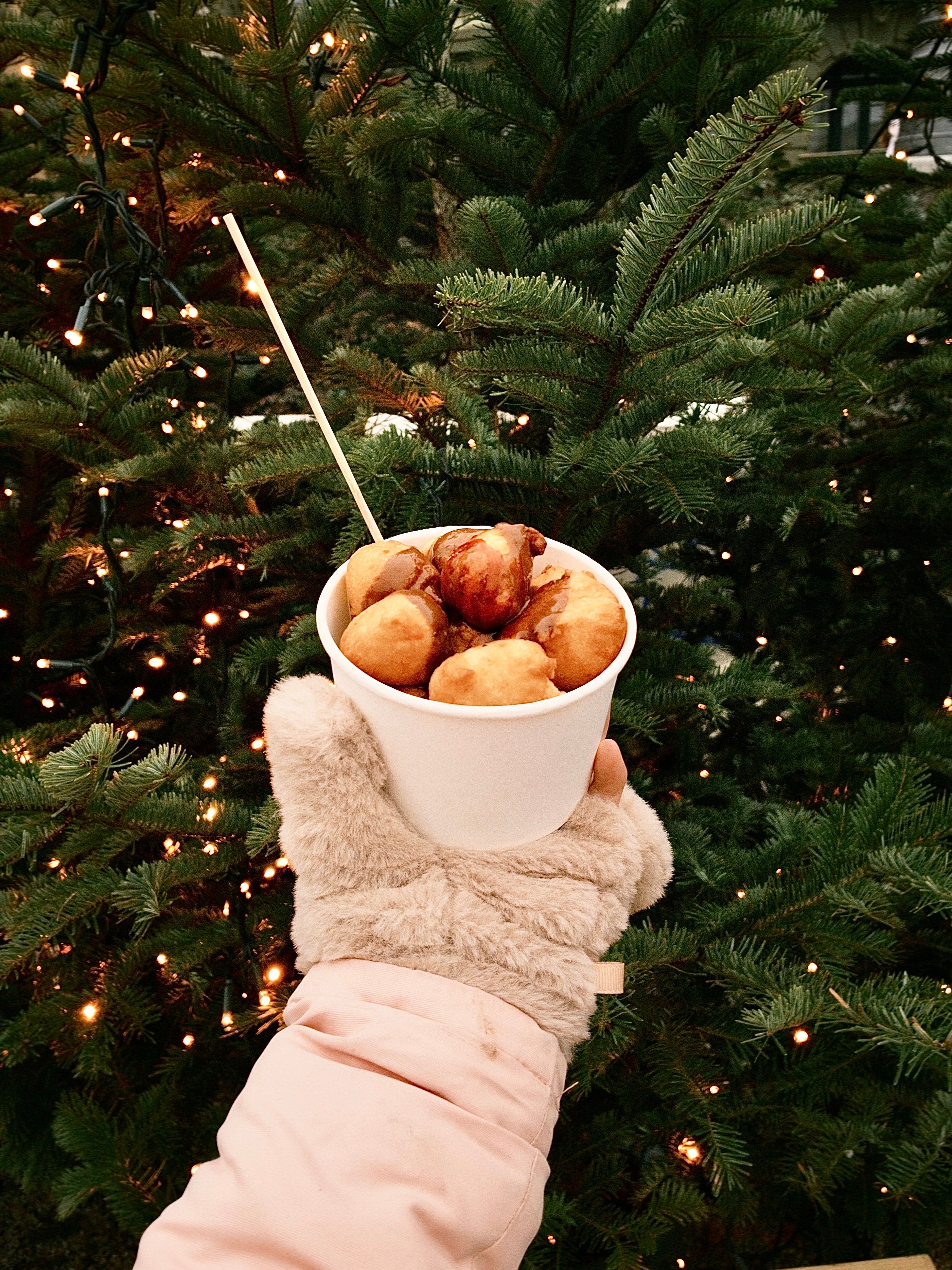 Festive Fried Treats in Front of Christmas Tree · Free Stock Photo