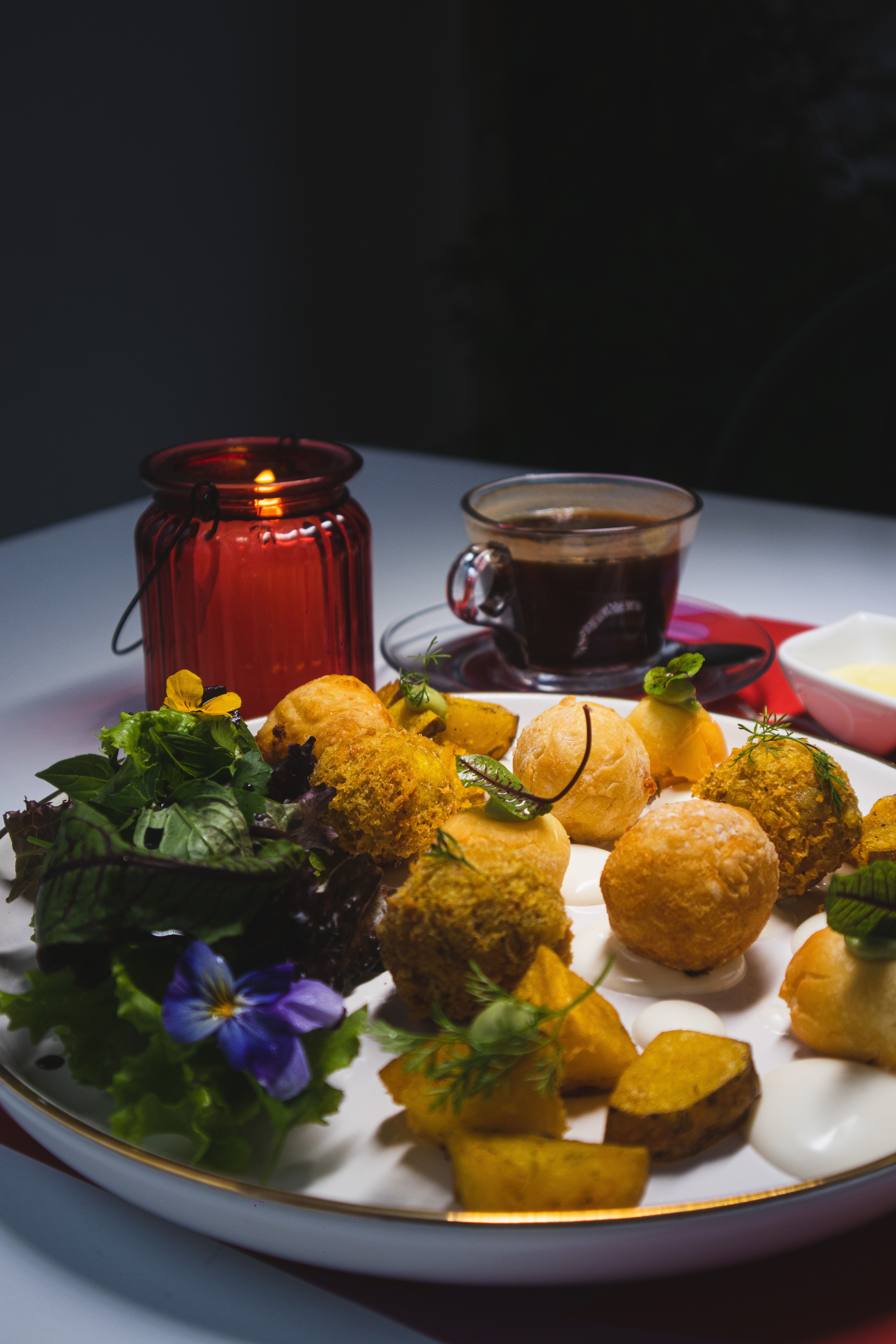 Gourmet Dinner with Candles and Coffee · Free Stock Photo