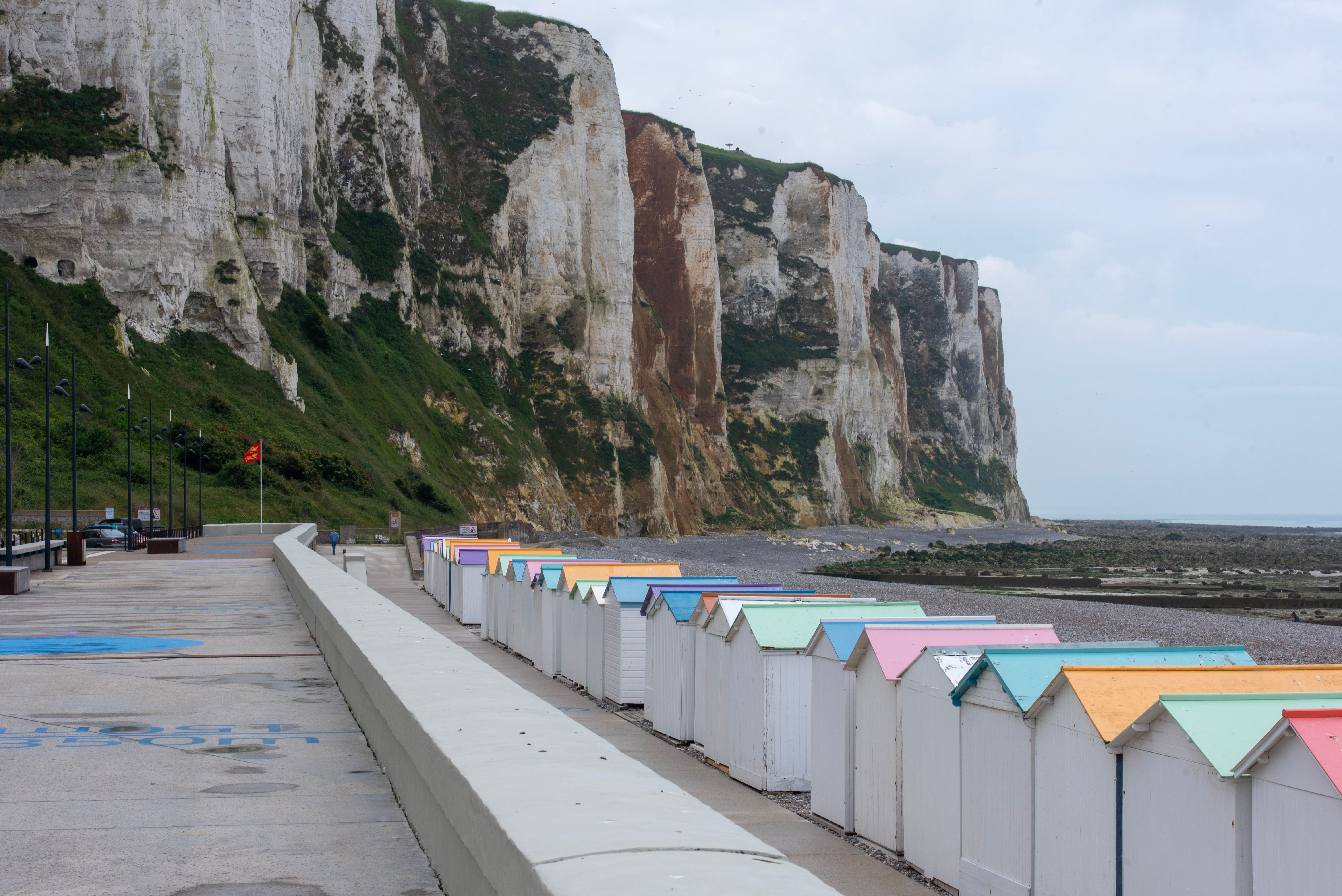Colorful Beach Huts against Cliffs in Le Tréport · Free Stock Photo