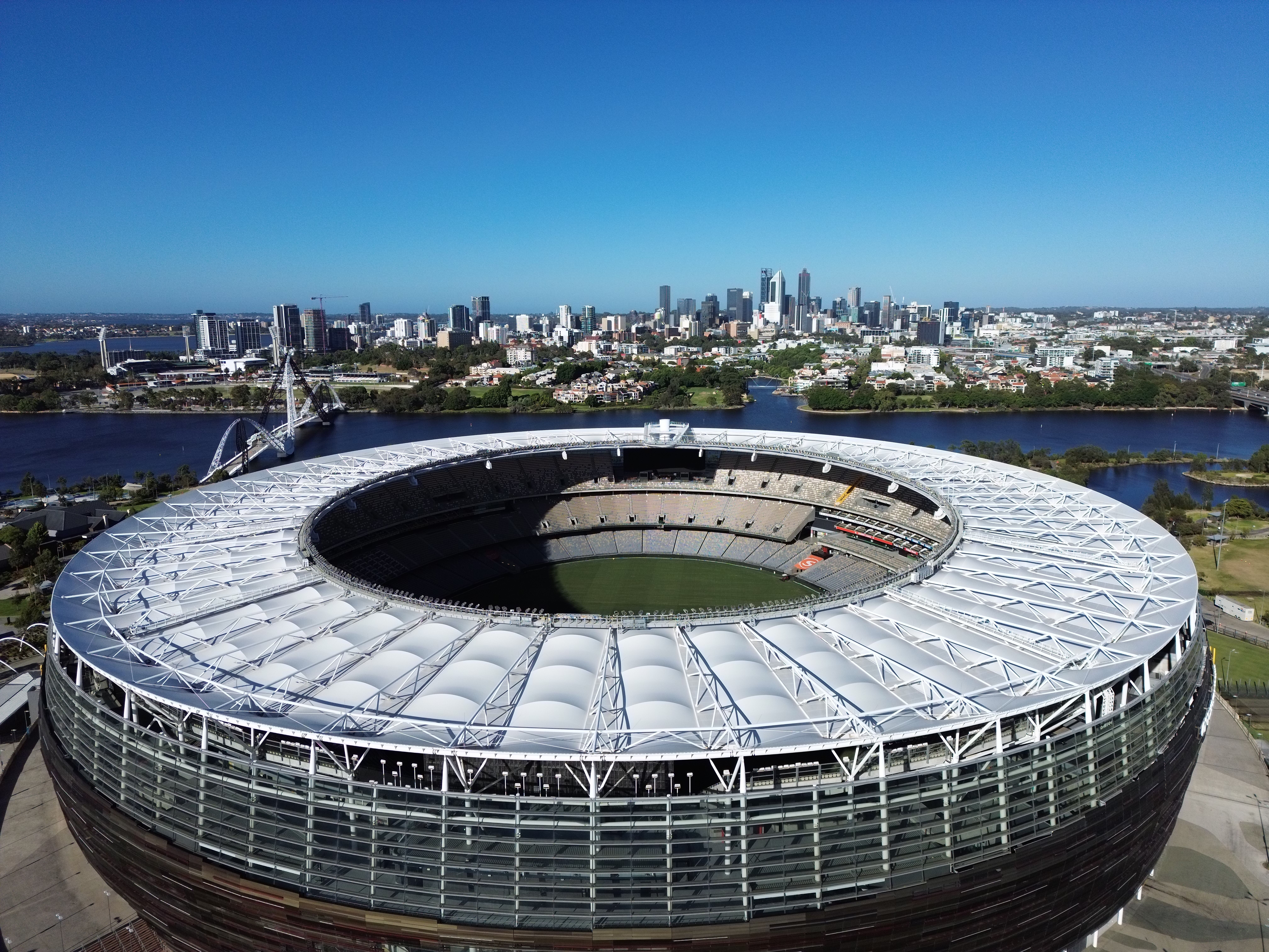 Aerial View of Optus Stadium and Perth Skyline · Free Stock Photo