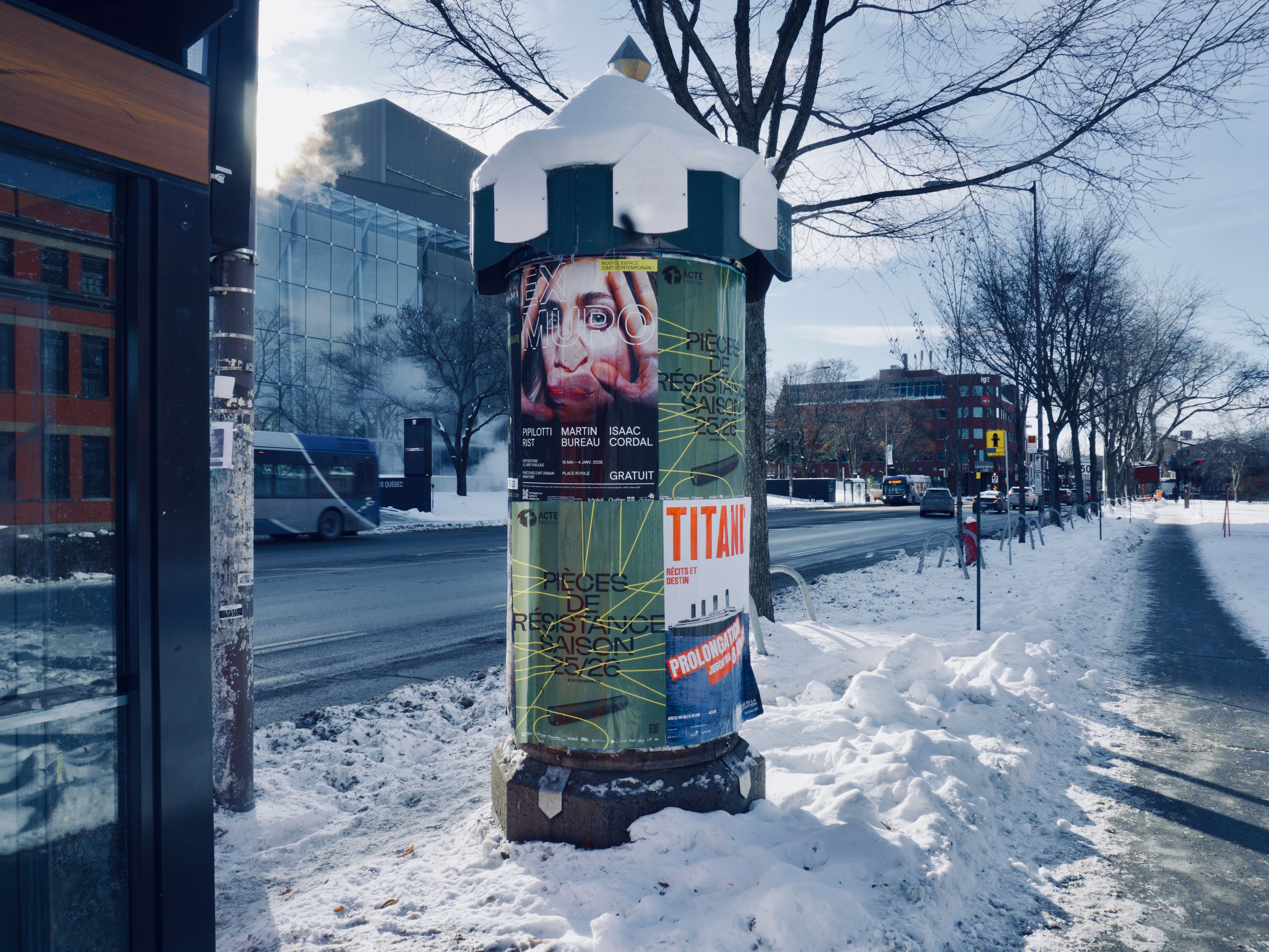 Snowy Winter Street Scene with Advertisements · Free Stock Photo