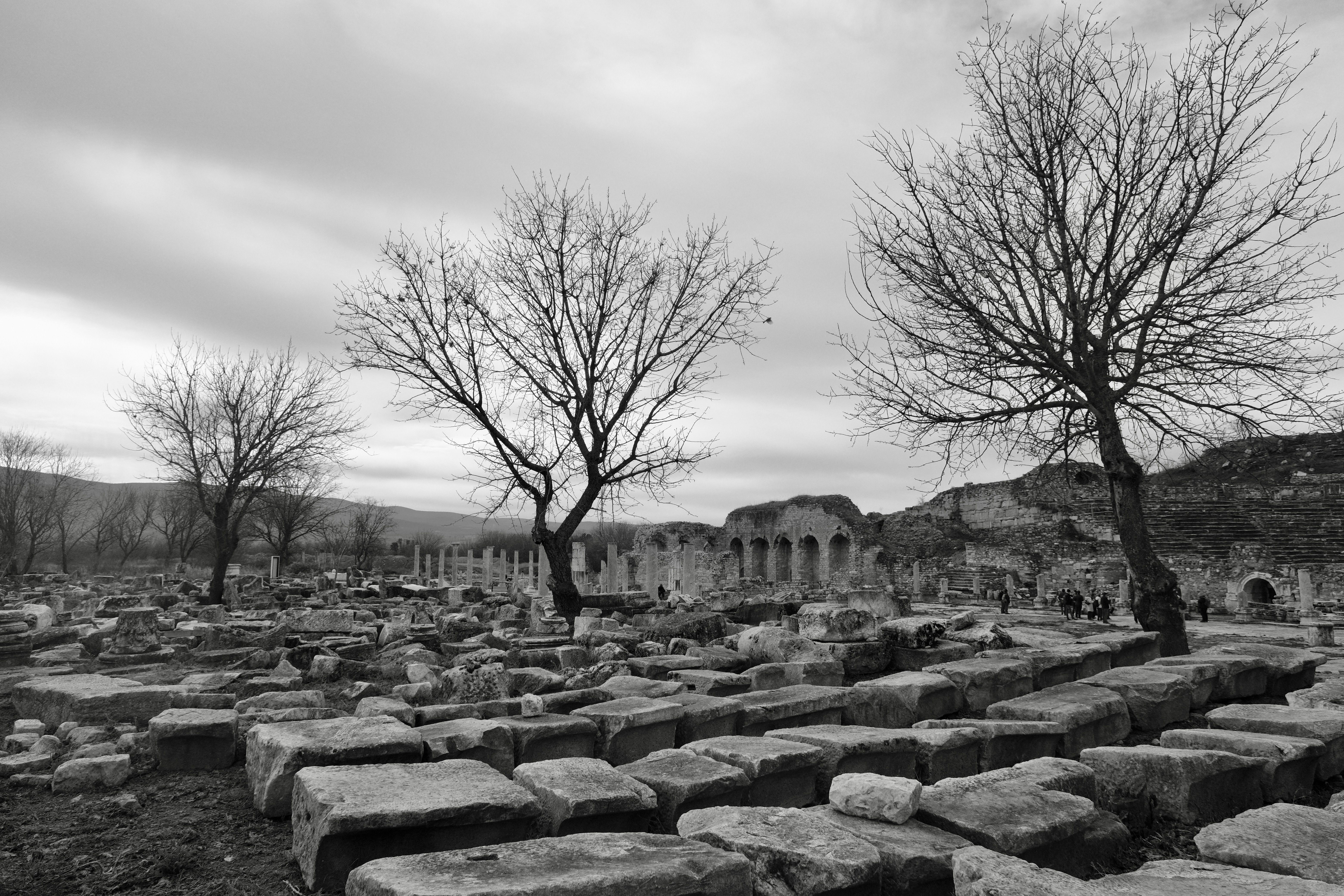 Ancient Ruins Under Dramatic Sky in Black and White · Free Stock Photo