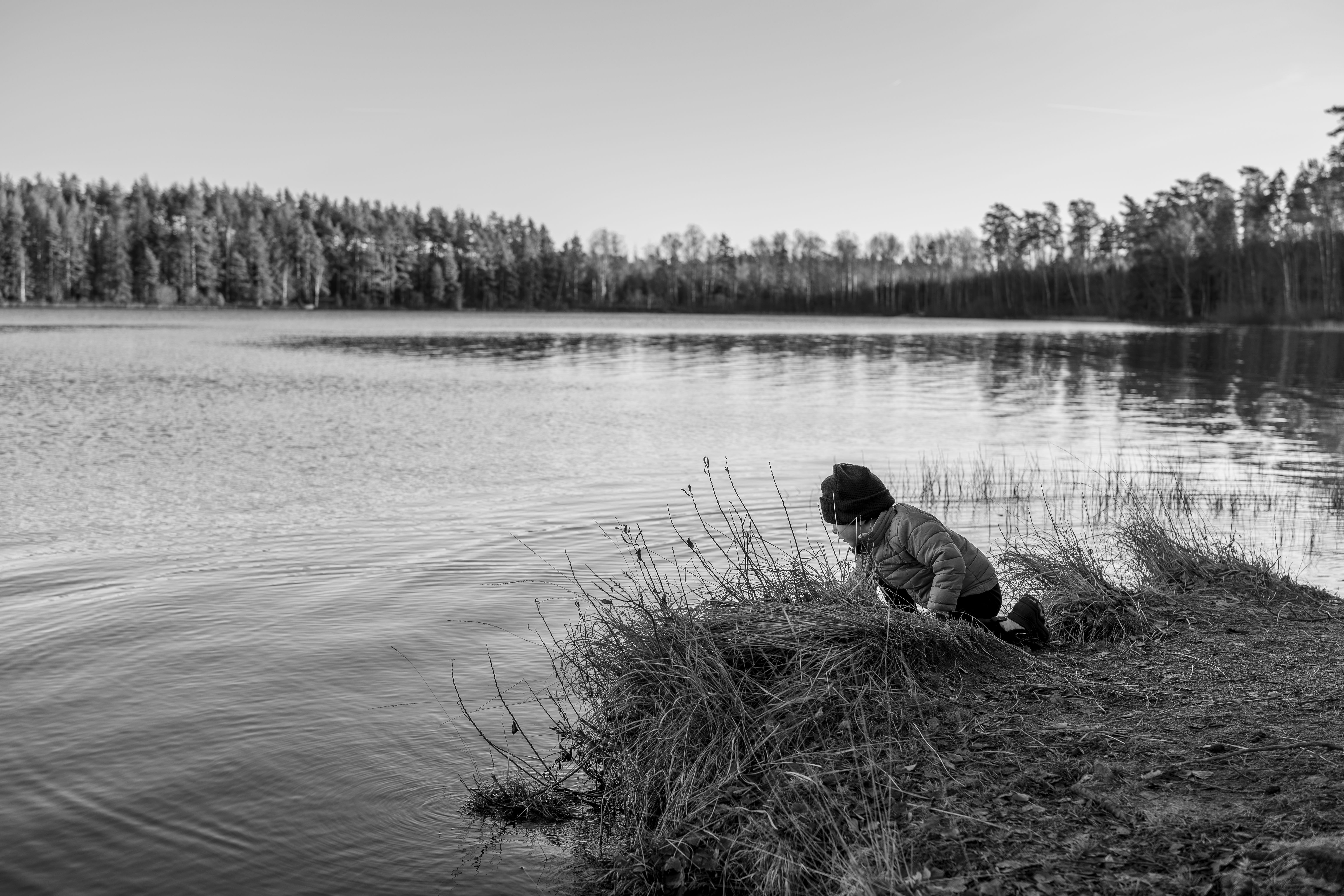 Child Exploring Lakeside in Black and White · Free Stock Photo