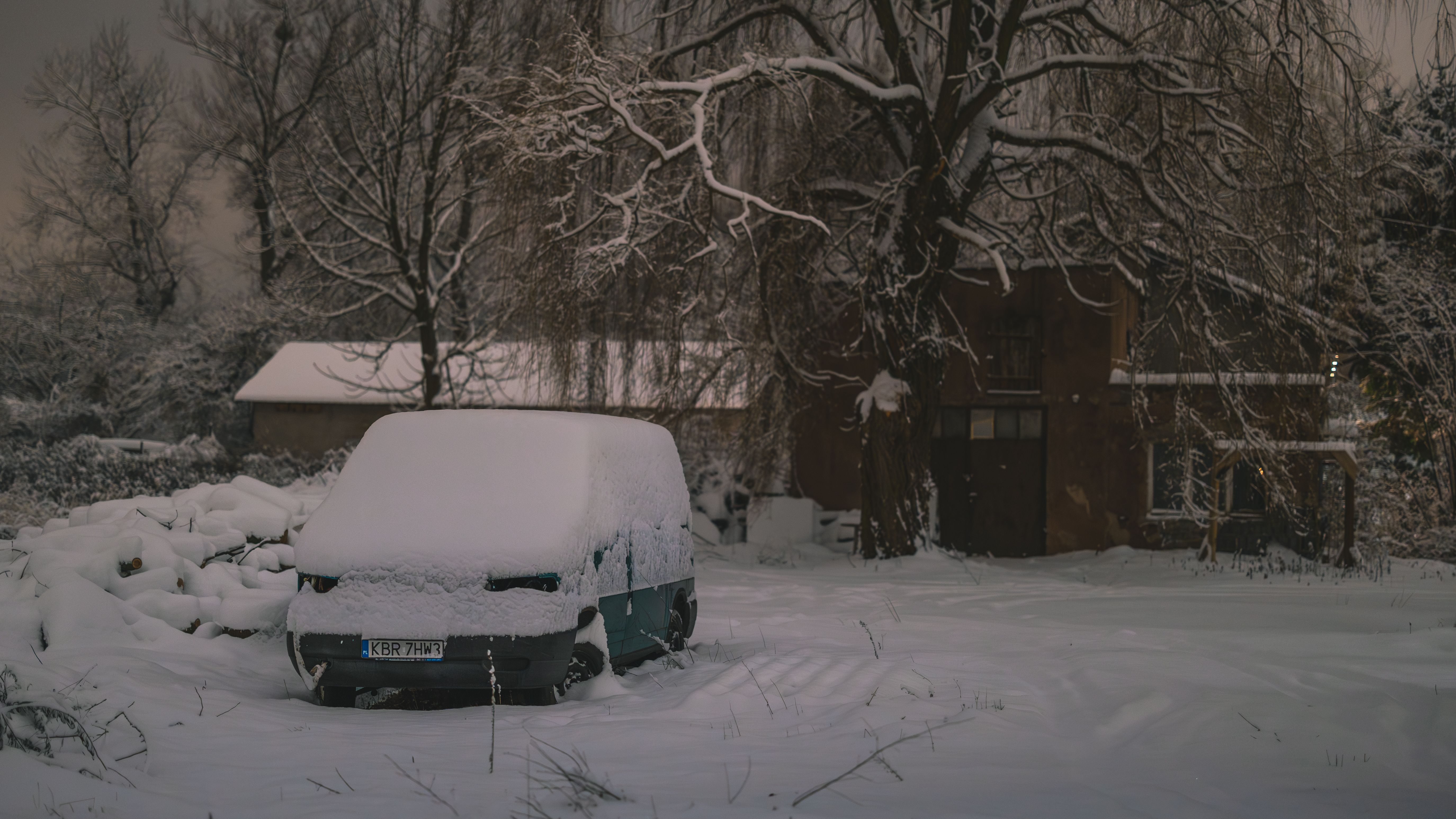 Snow-Covered Van in Winter Night Scene · Free Stock Photo