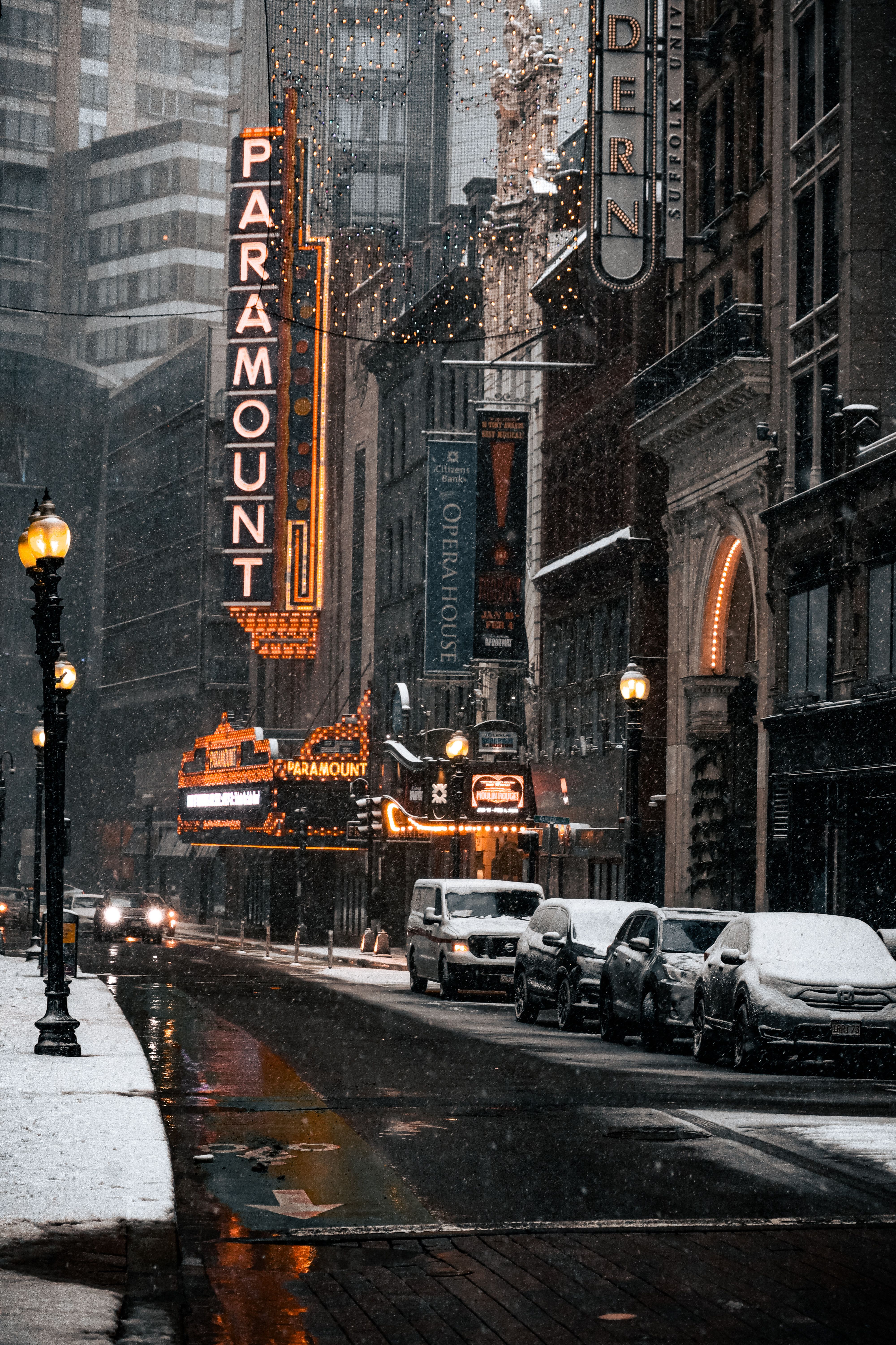 Snowy Winter Scene of Boston's Paramount Theater · Free Stock Photo