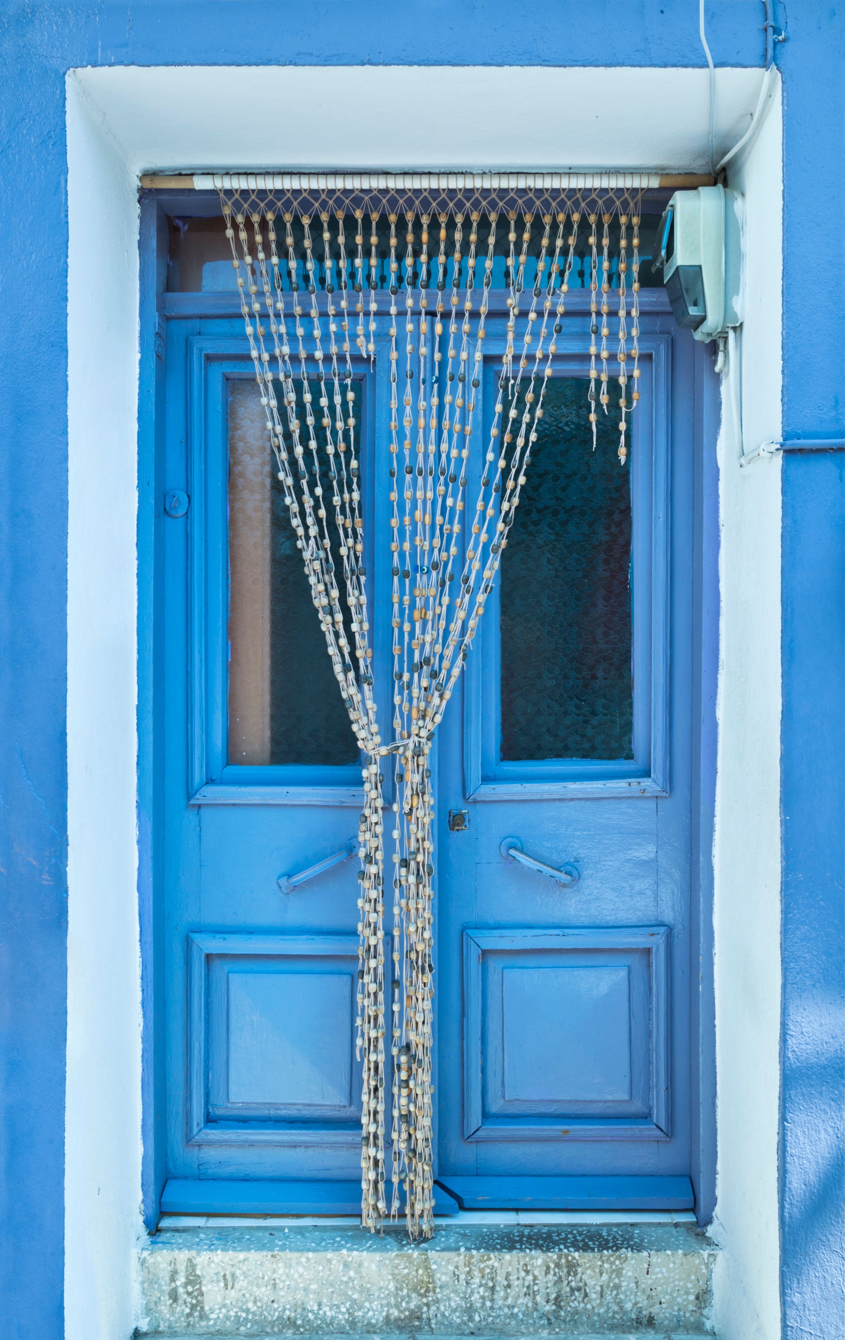 Rustic Blue Door with Beaded Curtain in Mediterranean Style · Free ...