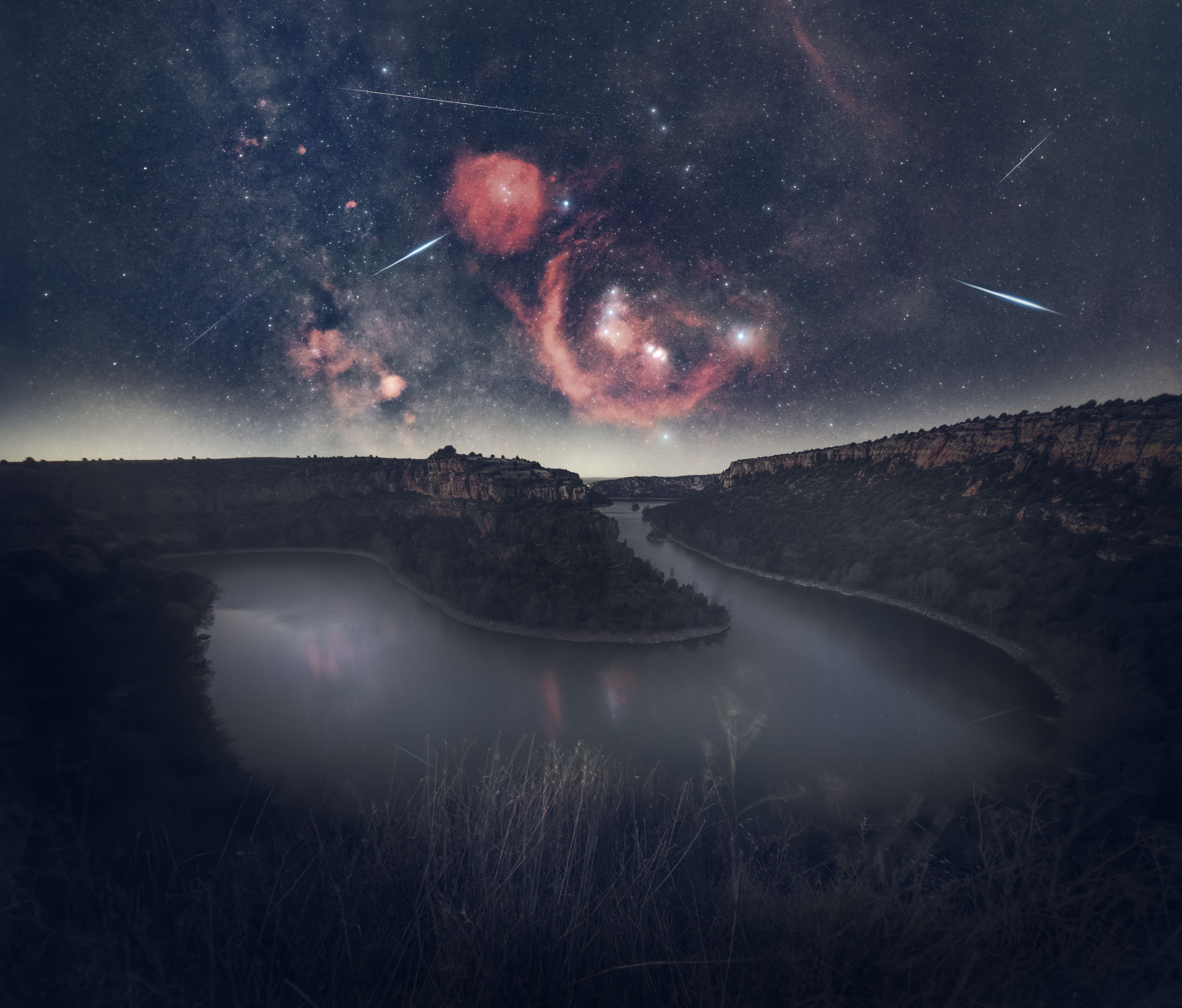 Night Sky Over Serpentine Riverbend with Nebula · Free Stock Photo