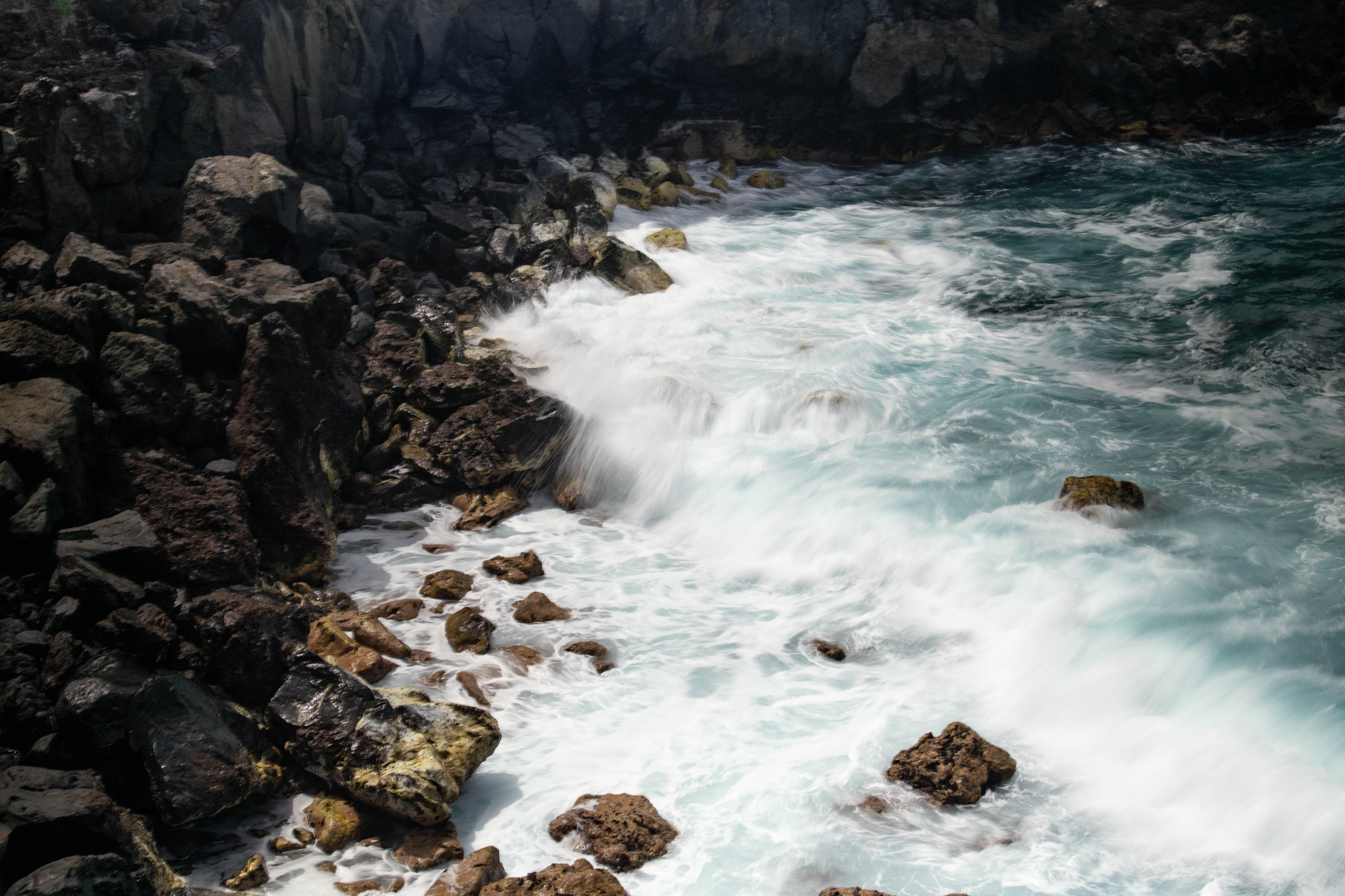Dynamic Coastal Waves Crashing on Rocky Shoreline · Free Stock Photo