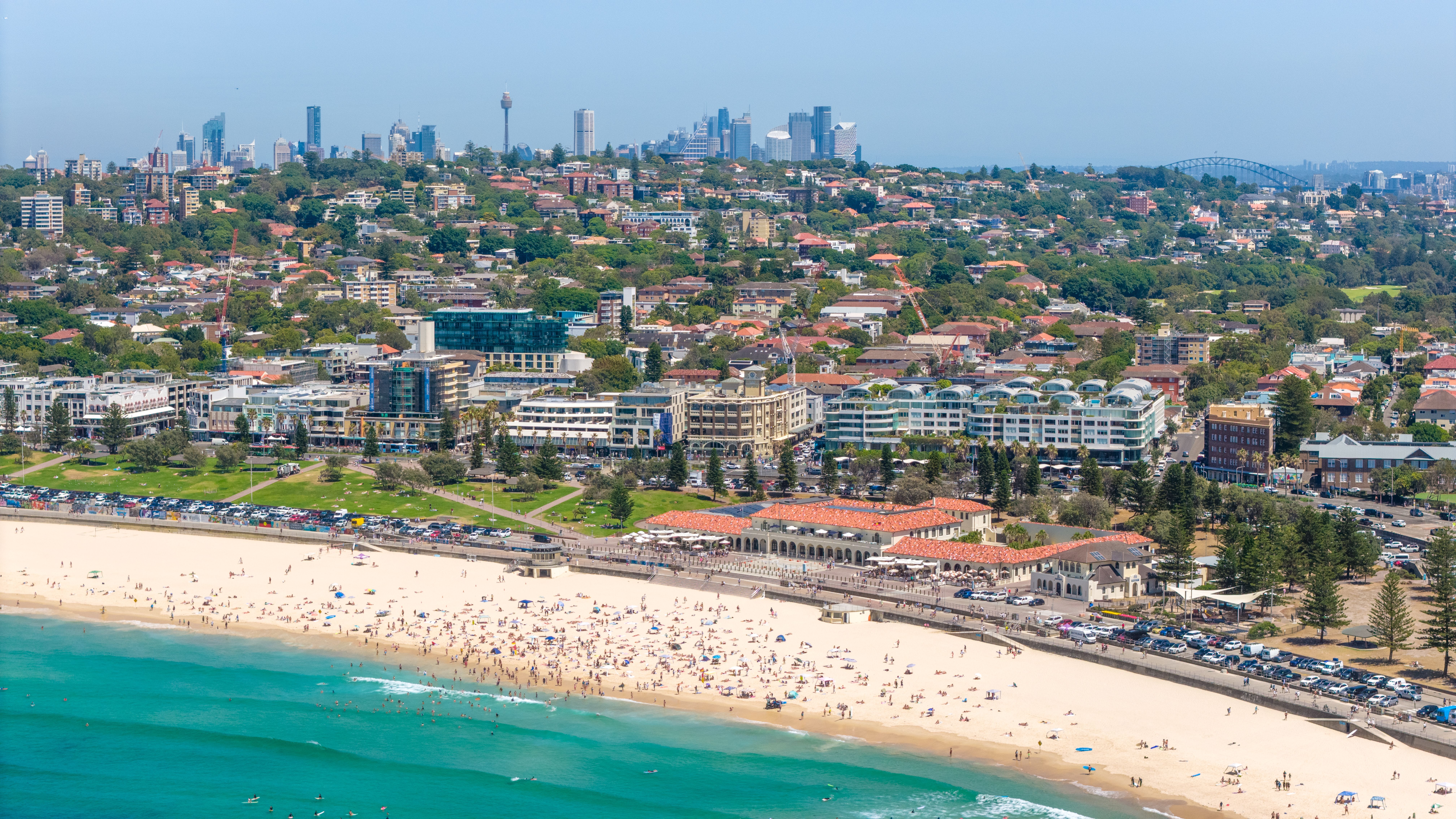 Aerial View of Bondi Beach with Sydney Skyline · Free Stock Photo