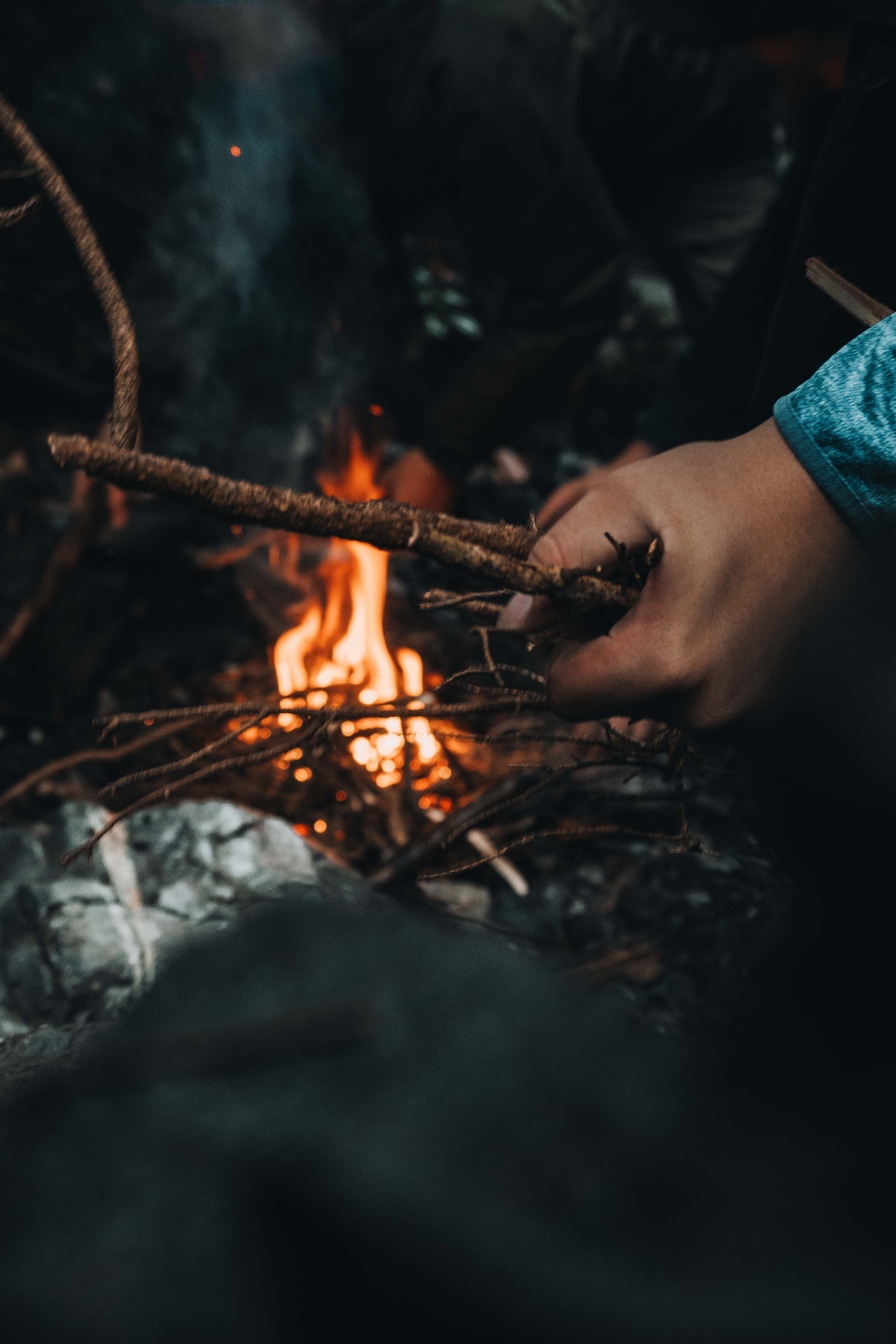 Close-Up of Campfire with Person Building Fire · Free Stock Photo