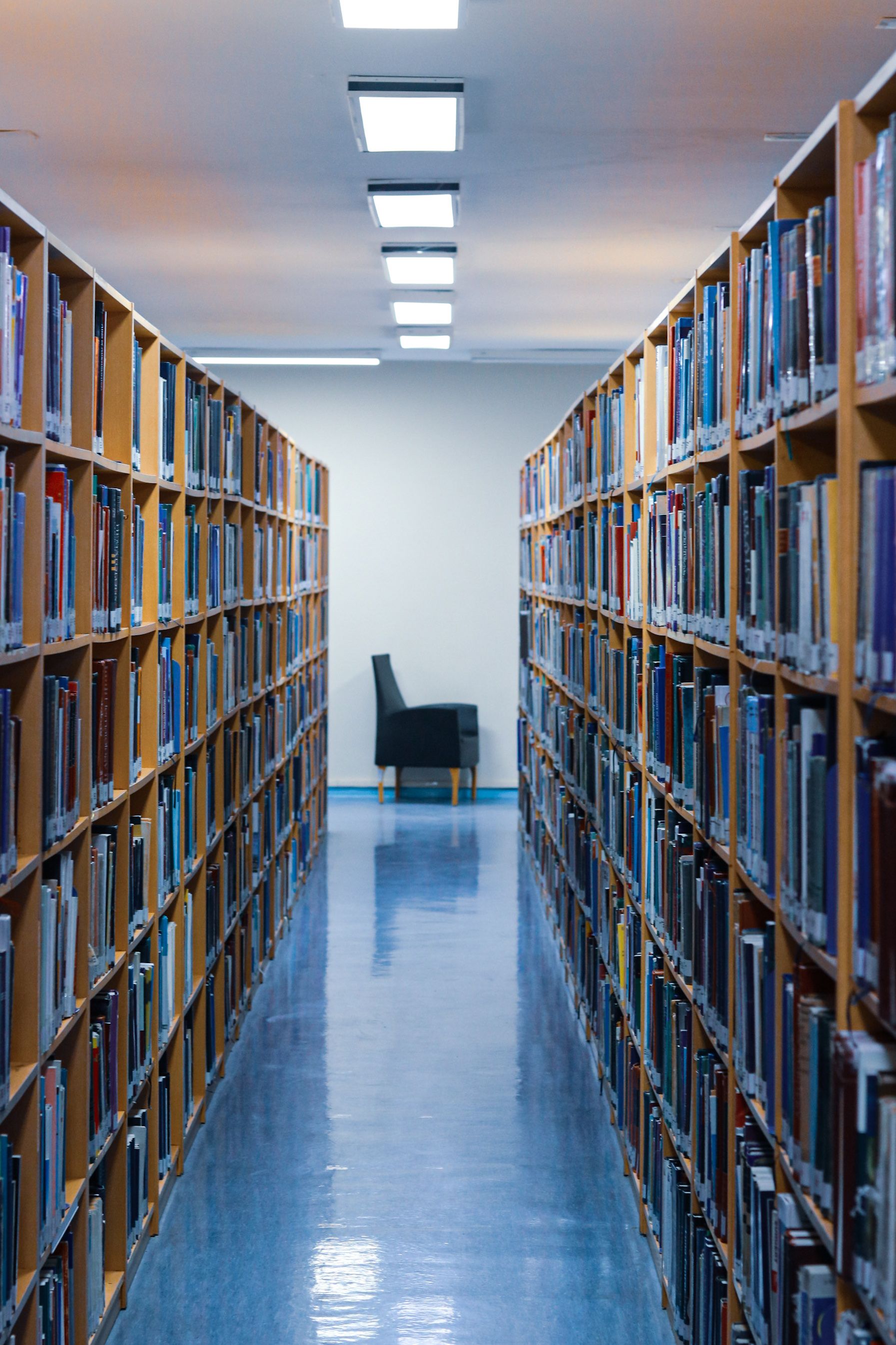 Quiet Library Aisle with Bookshelves · Free Stock Photo
